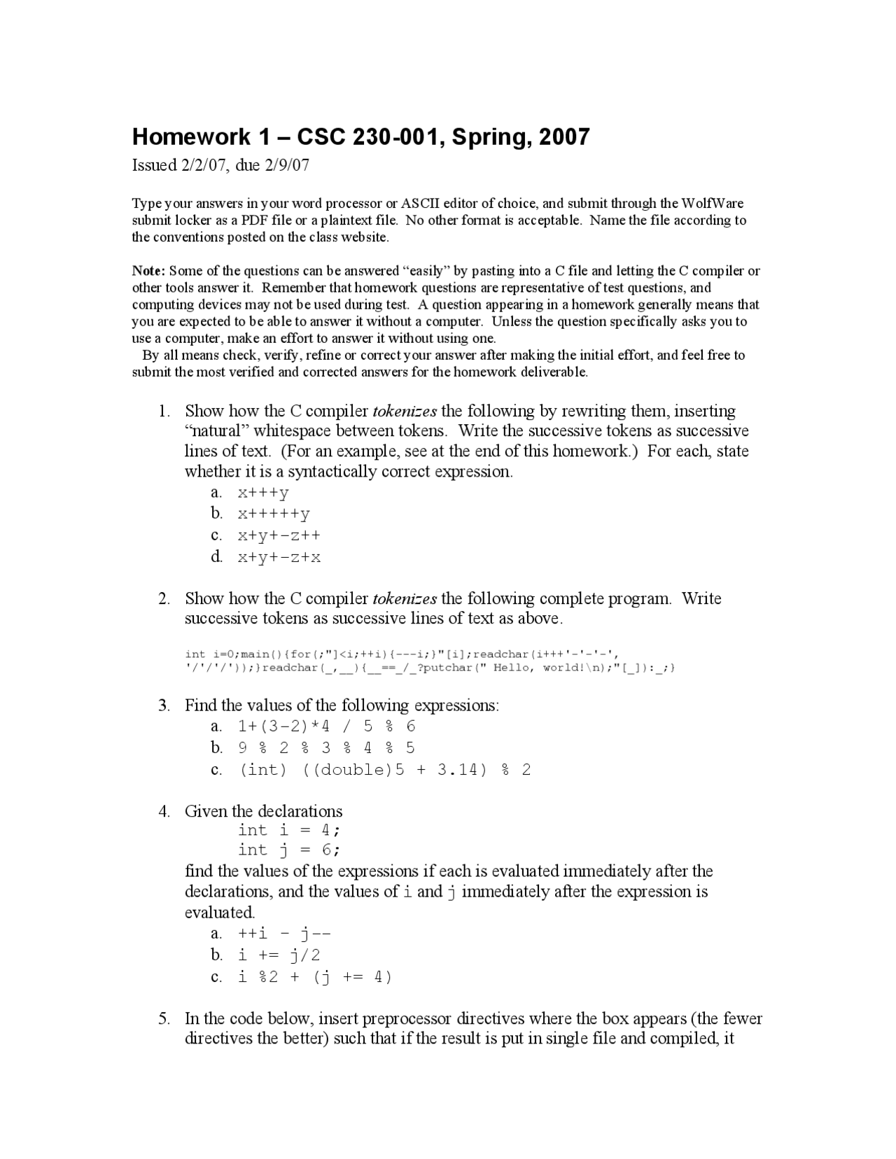 Homework 1 Problems For C And Software Tools Csc 230 Docsity