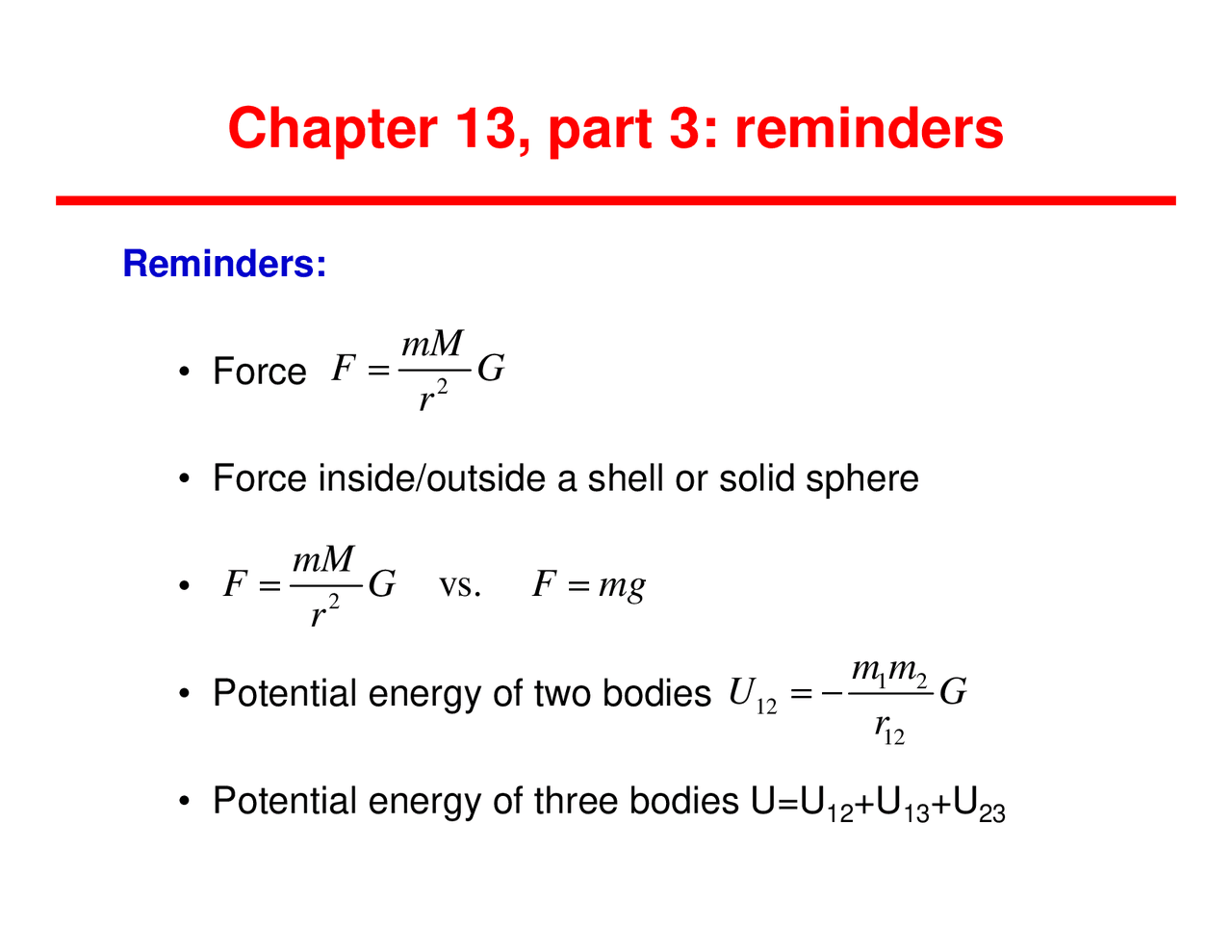 Gravitational Force And Potential Energy Lecture Slides Phy 2048
