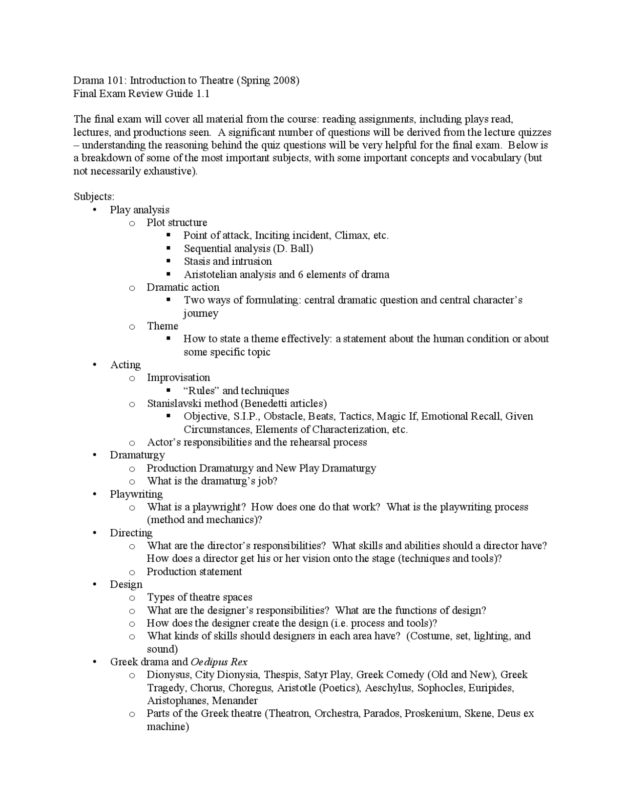 Final Exam Review Guide - Introduction to Theatre | DRAMA 101 | Study ...