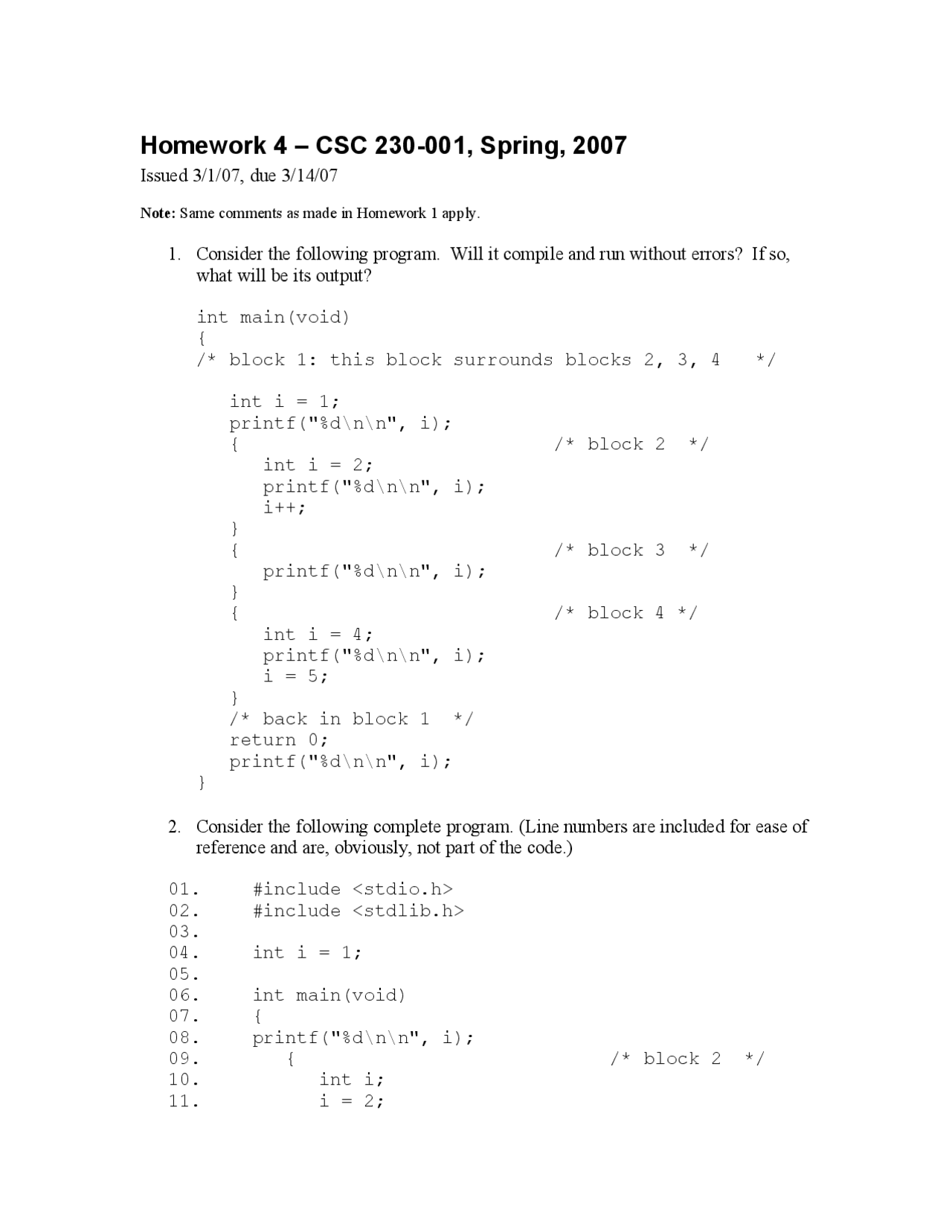 3 Questions For Assignment 4 C And Software Tools Csc 230 Docsity