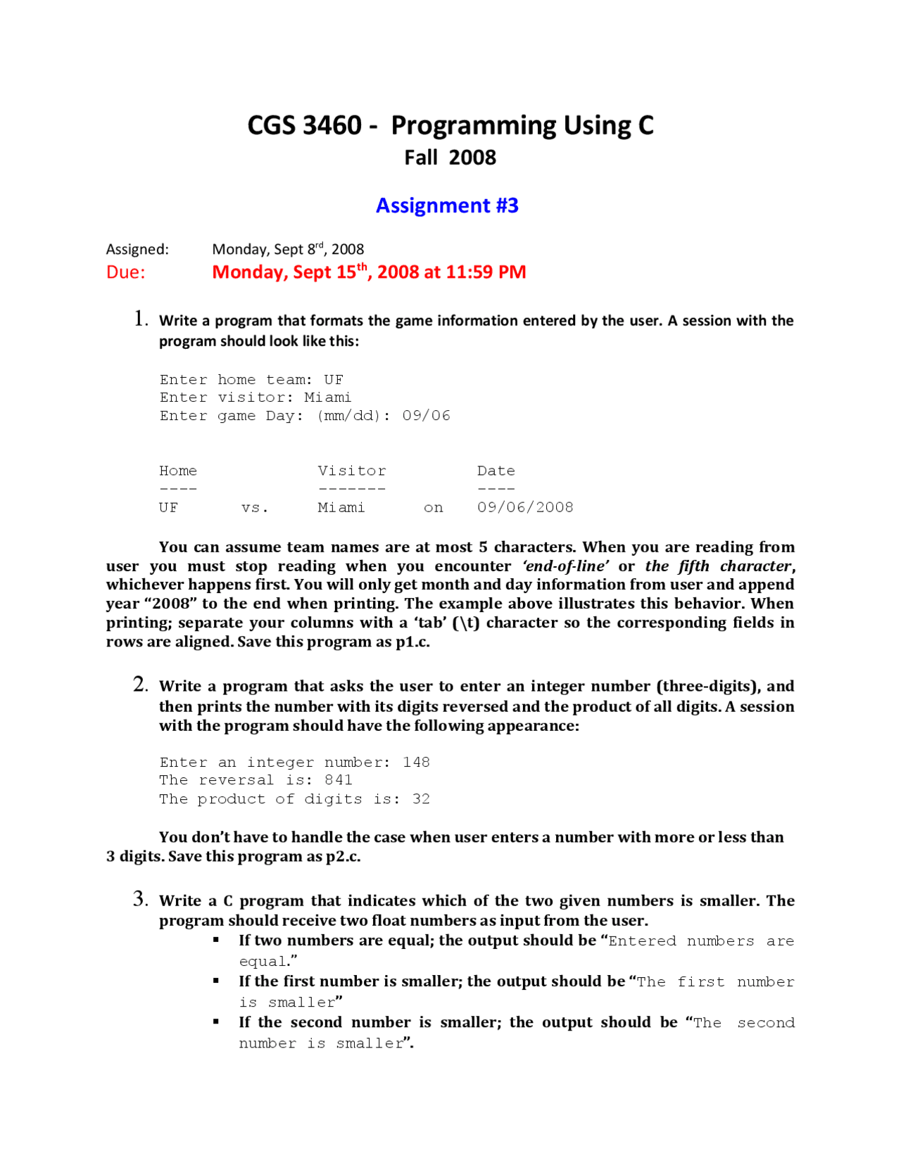 Problems For Programming Using C Assignment 3 Cgs 3460 Docsity 6437