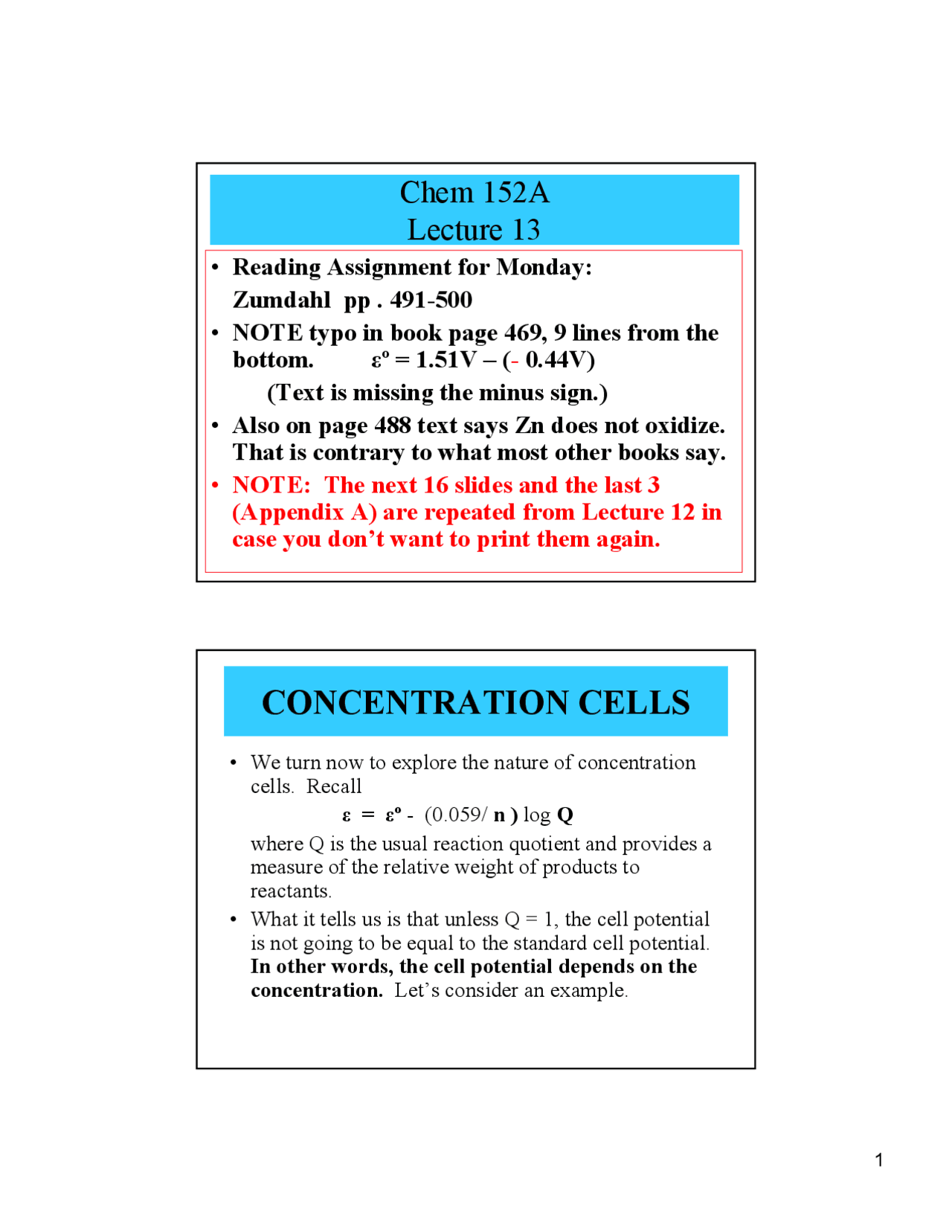 Concentration Cells - General Chemistry, Notes | CHEM 152 - Docsity