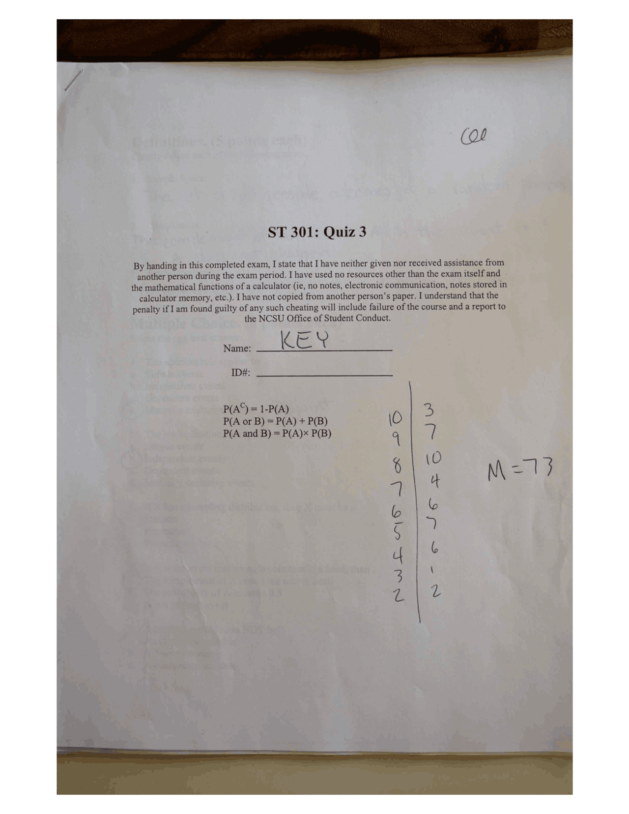 Quiz 3 Answers Key - Static Methods | ST 301 | Quizzes Data Analysis & Statistical Methods | Docsity