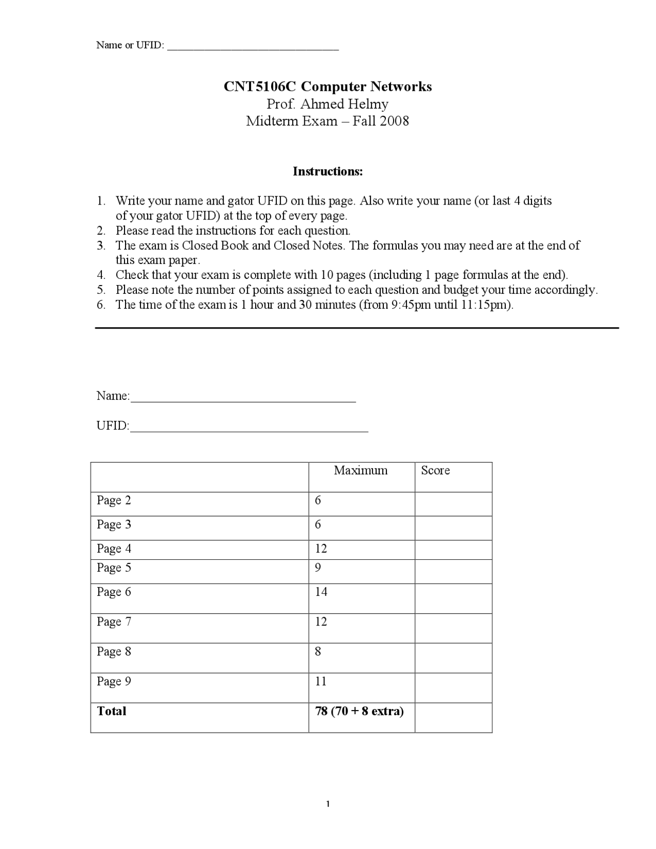 Midterm Exam Computer Networks Fall 2008 Cnt 5106 Docsity