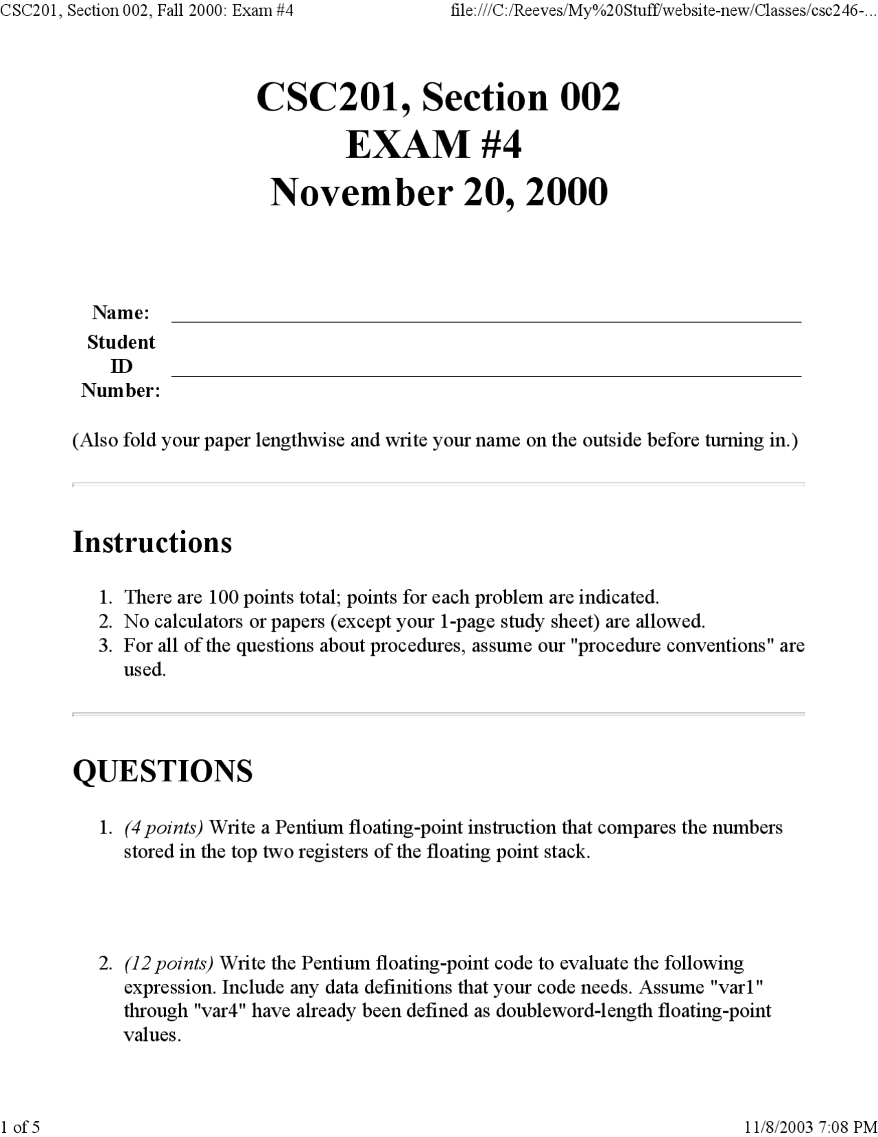 Exam 4 Questions Concepts And Facilities Of Operating Systems Csc