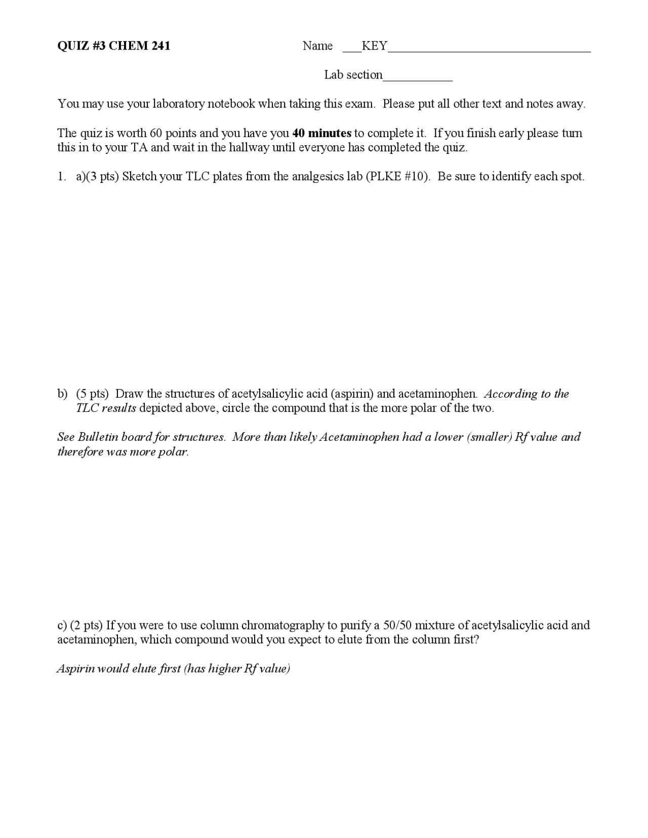 Quiz 3 Solutions Organic Chemistry Lab Chem 241 Docsity