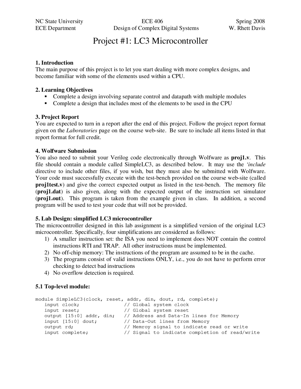 LC3 Microcontroller - Design of Complex Digital Systems - Project 1 | ECE 406 - Docsity