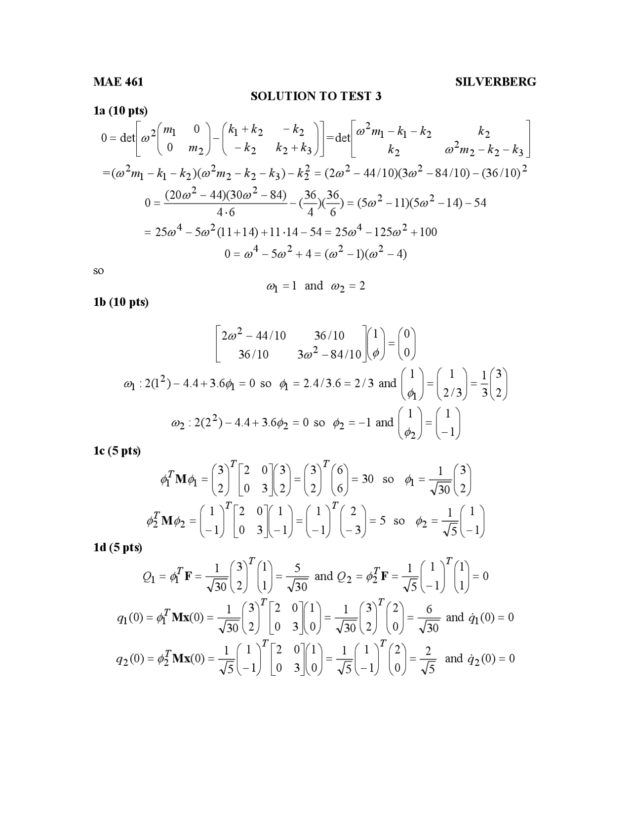 Solutions For Exam 3 Dynamics And Controls Mae 461 Docsity