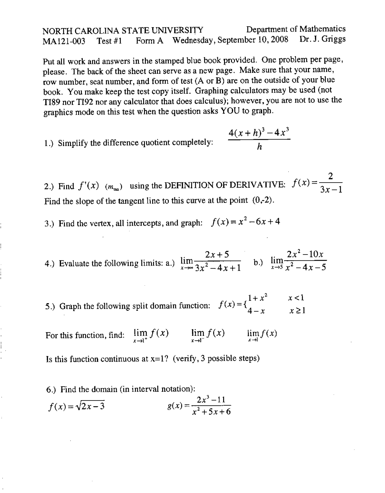 Exam 1 Questions With Solutions Elements Of Calculus Ma 121 Docsity