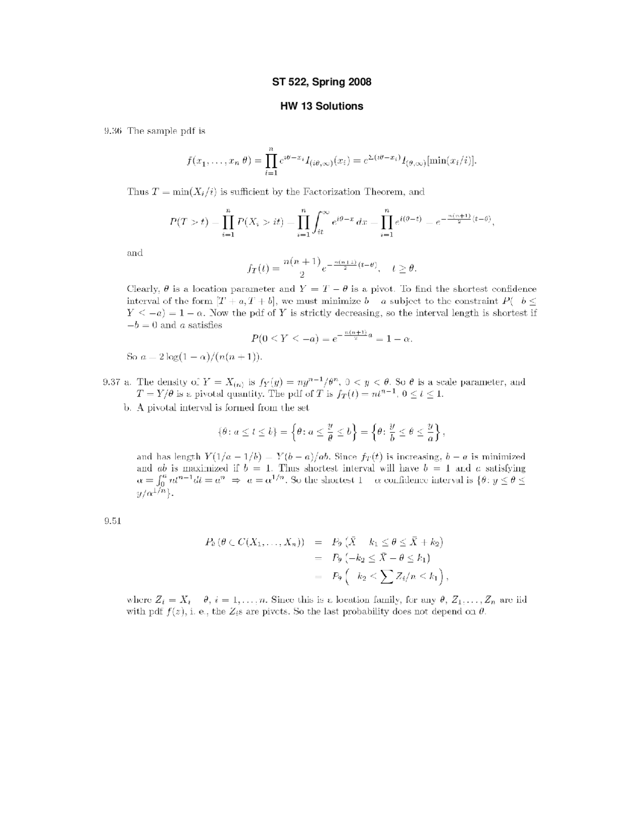 Statistical Theory Ii Homework 13 With Solutions St 522 Docsity