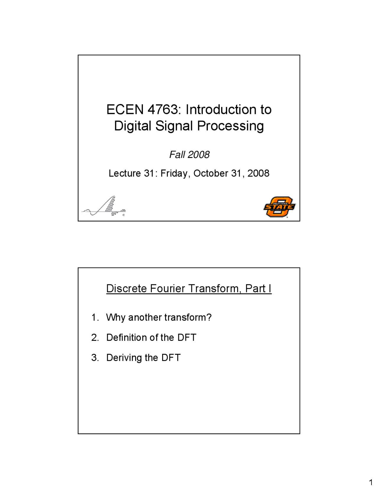 Discrete Fourier Transform Part I Lecture Slides Ecen 4763 Docsity