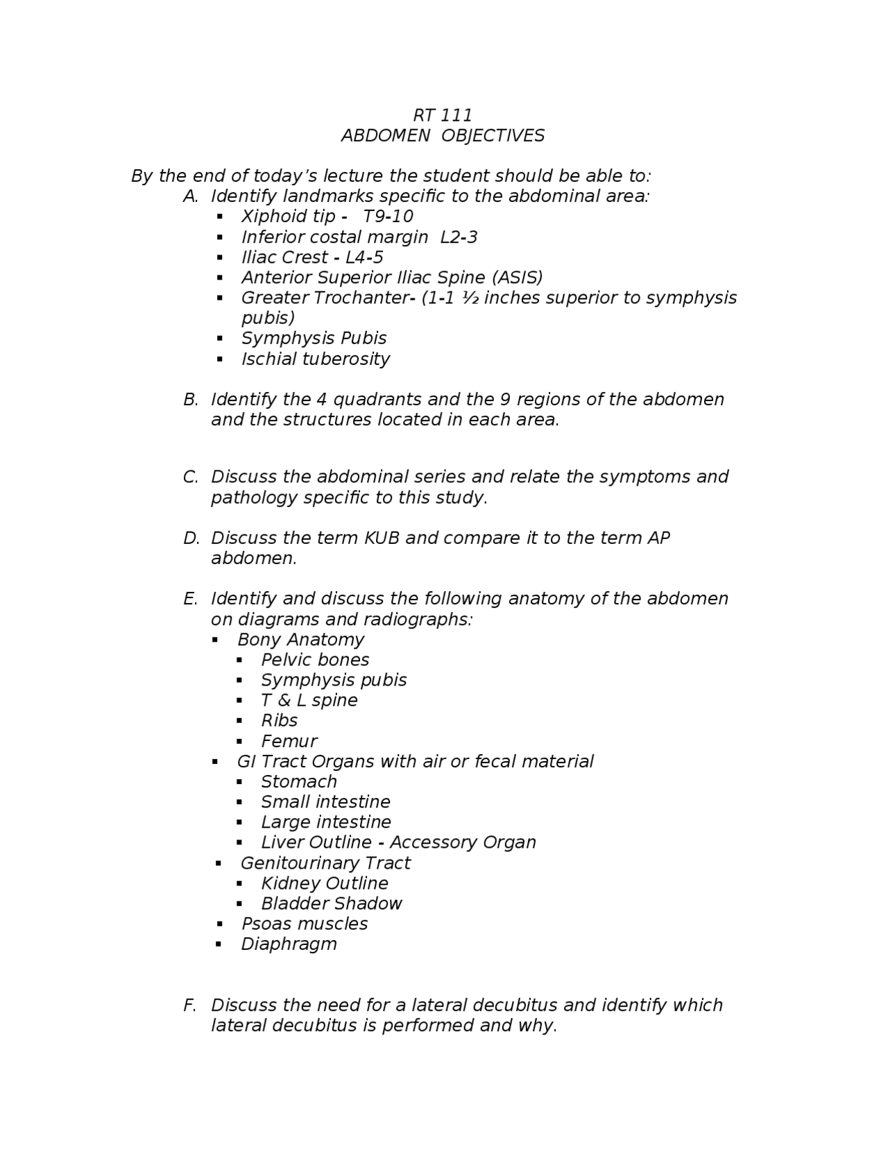 Lecture Notes For Abdomen Objectives Rt 111 Docsity