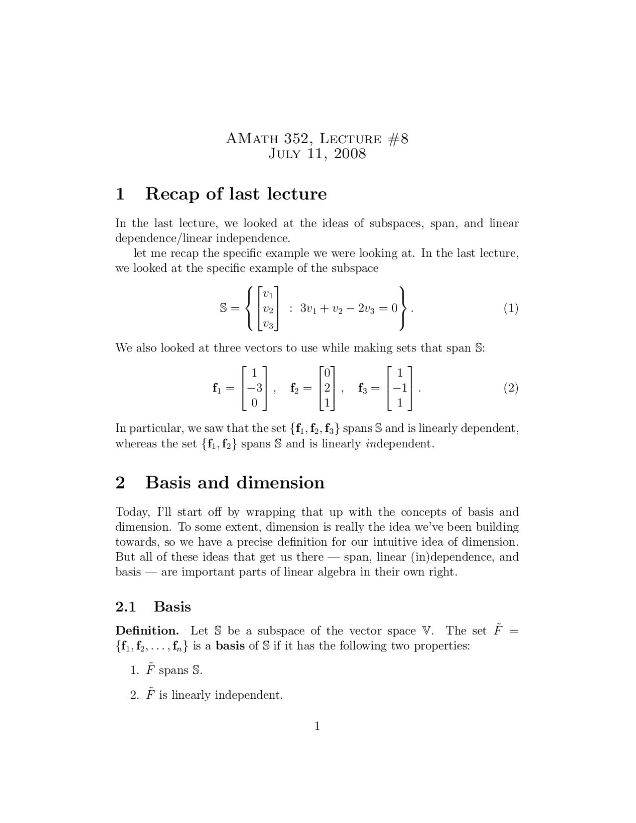 Notes on Basis and Dimension of Linear Algebra and Numerical Analysis ...