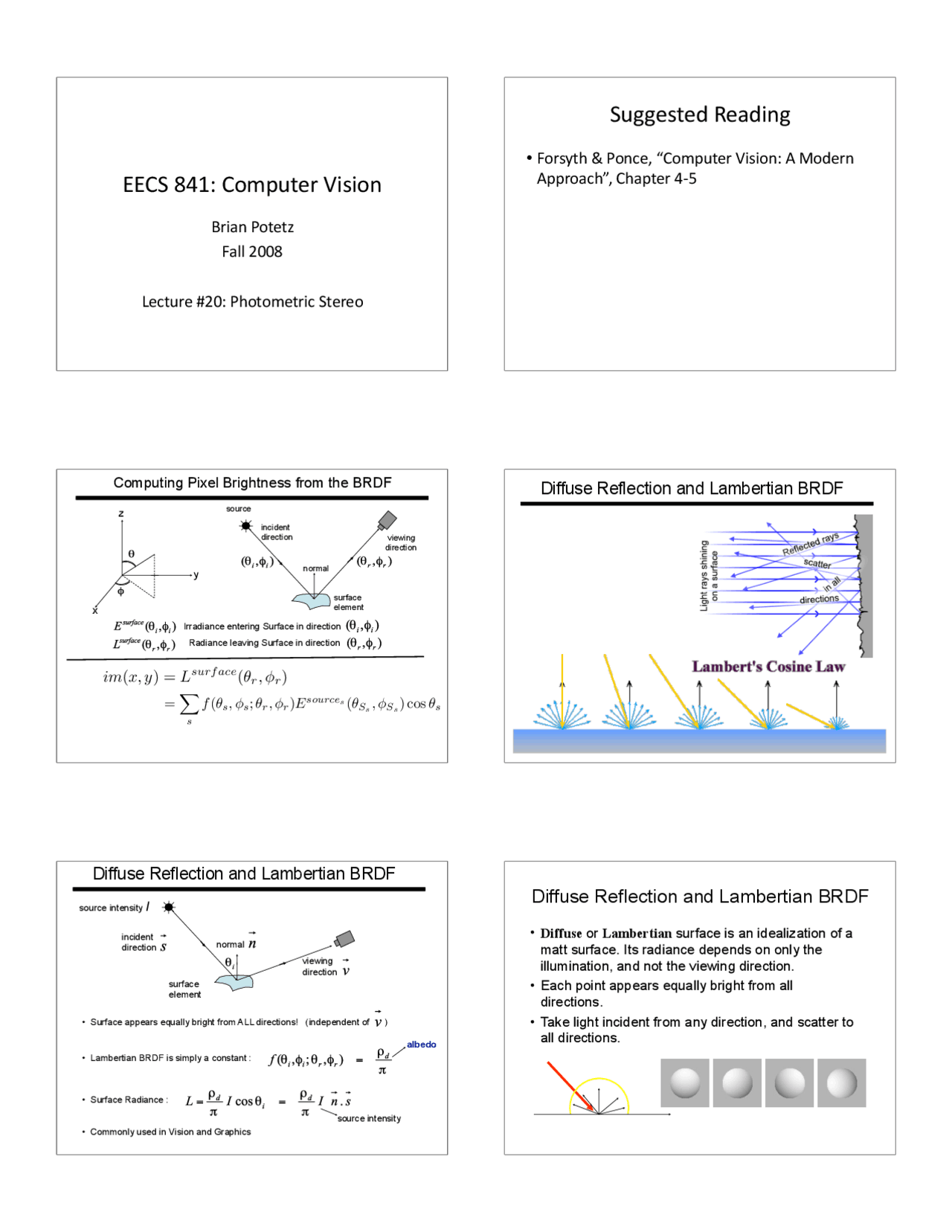 Lecture Slides On Photometric Stereo Computer Vision Eecs 841 Docsity