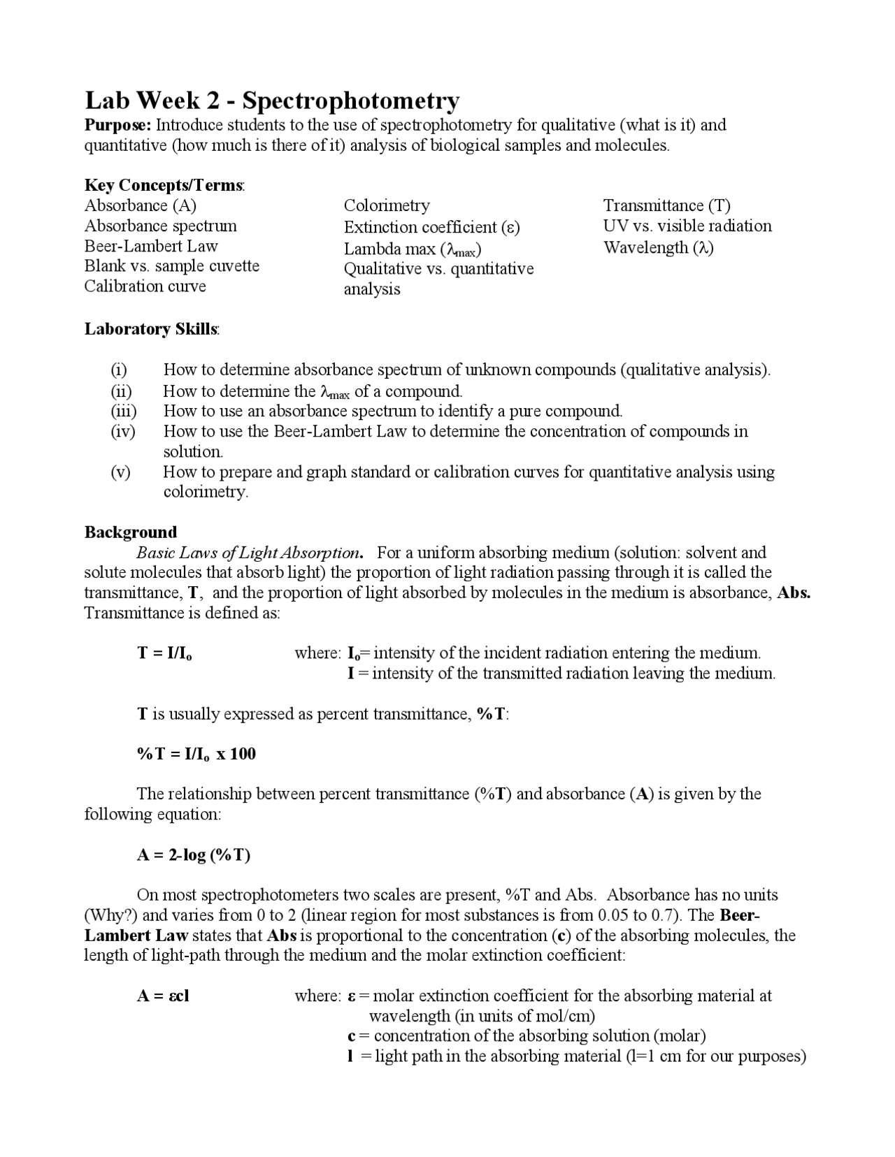 Spectrophotometry Lab General Biochemistry Bch 3033 Docsity