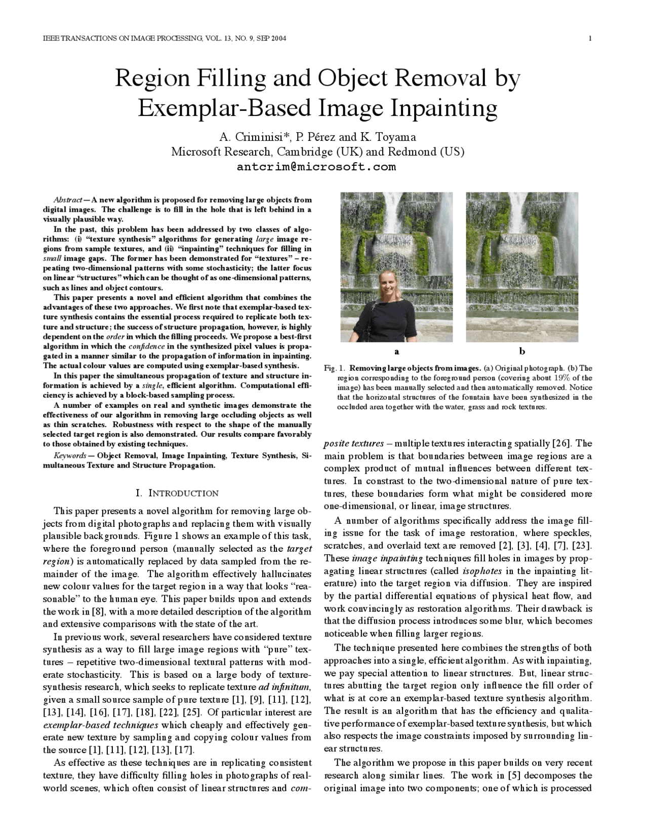 Region Filling and Object Removal by Exemplar Based Image Inpainting | EECS 841 - Docsity