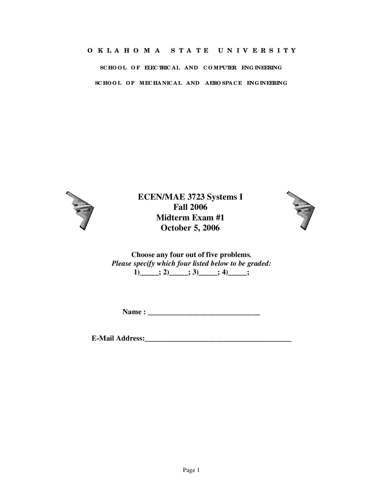 Fall 2006 Midterm Exam for ECEN/MAE 3723 Systems I - Prof. Gary Yen ...
