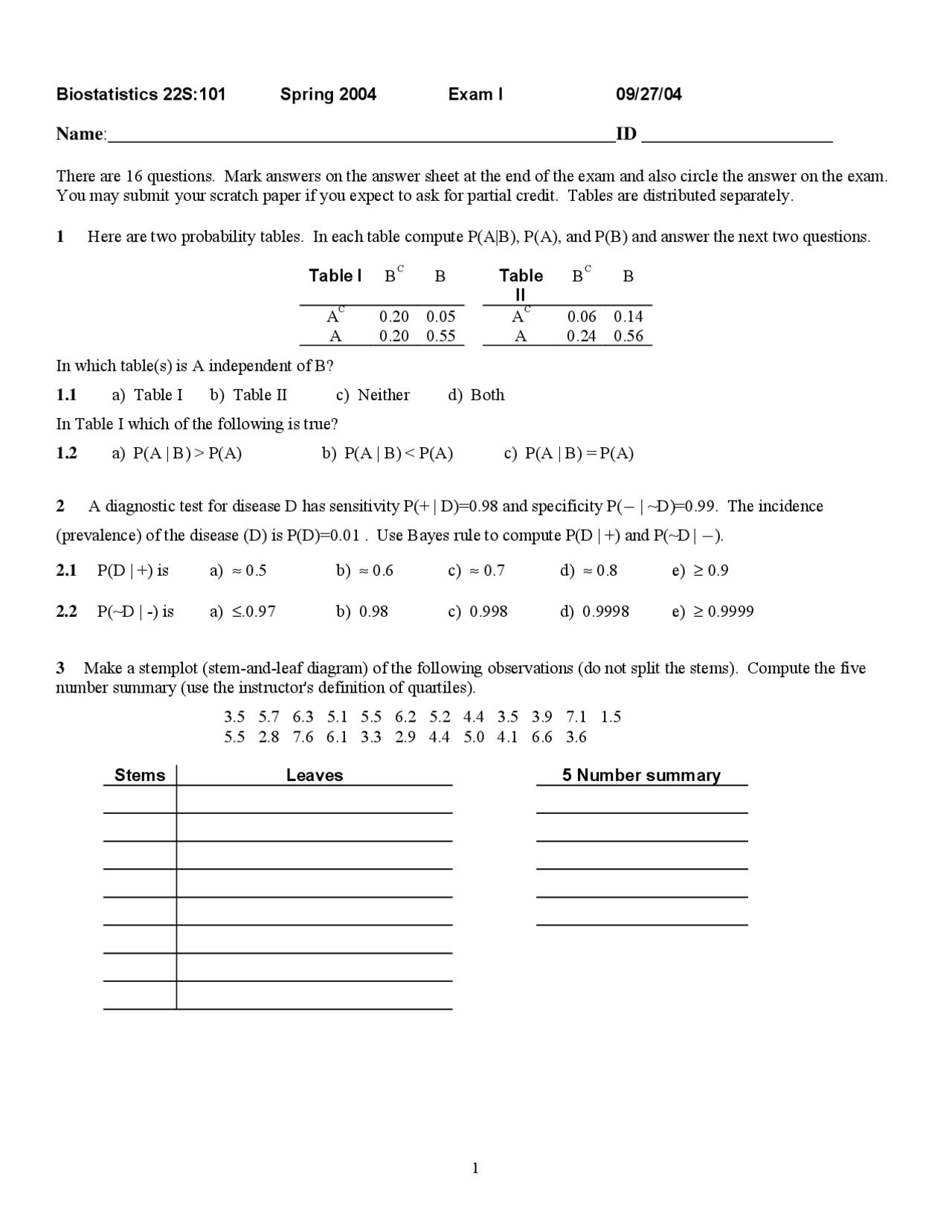 Complete Questions For Biostatistics Exam Sept 2004 22s 101 Docsity