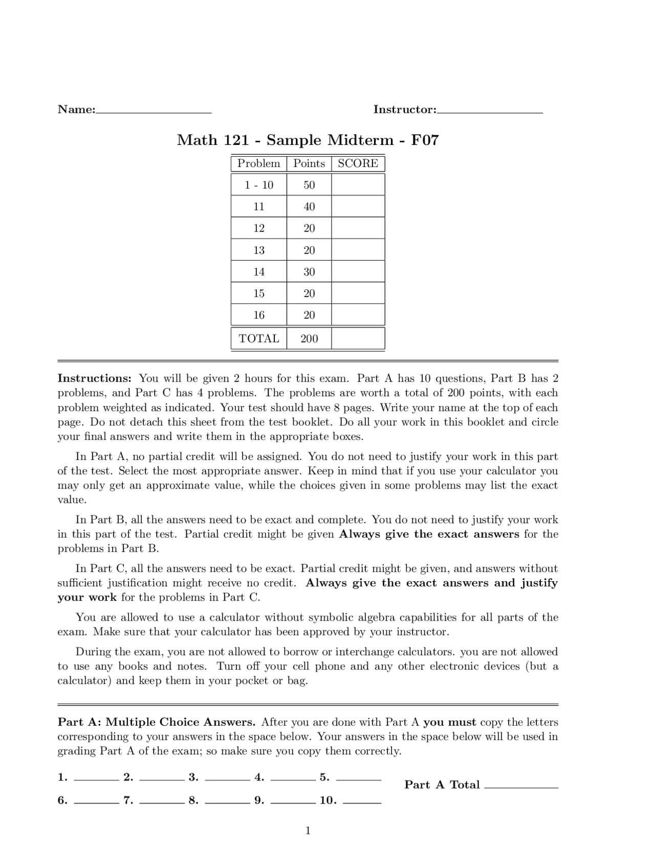 Sample Midterm Examination Calculus I Math 121 Docsity