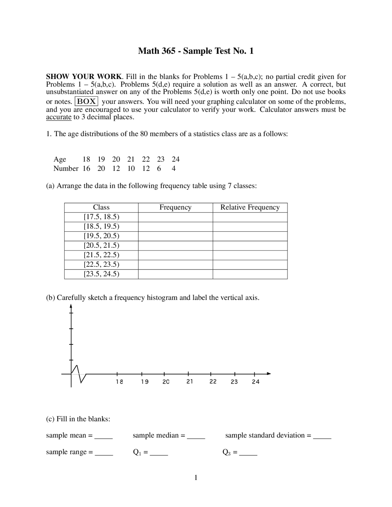 Sample Test 1 Elementary Statistics Math 365 Docsity
