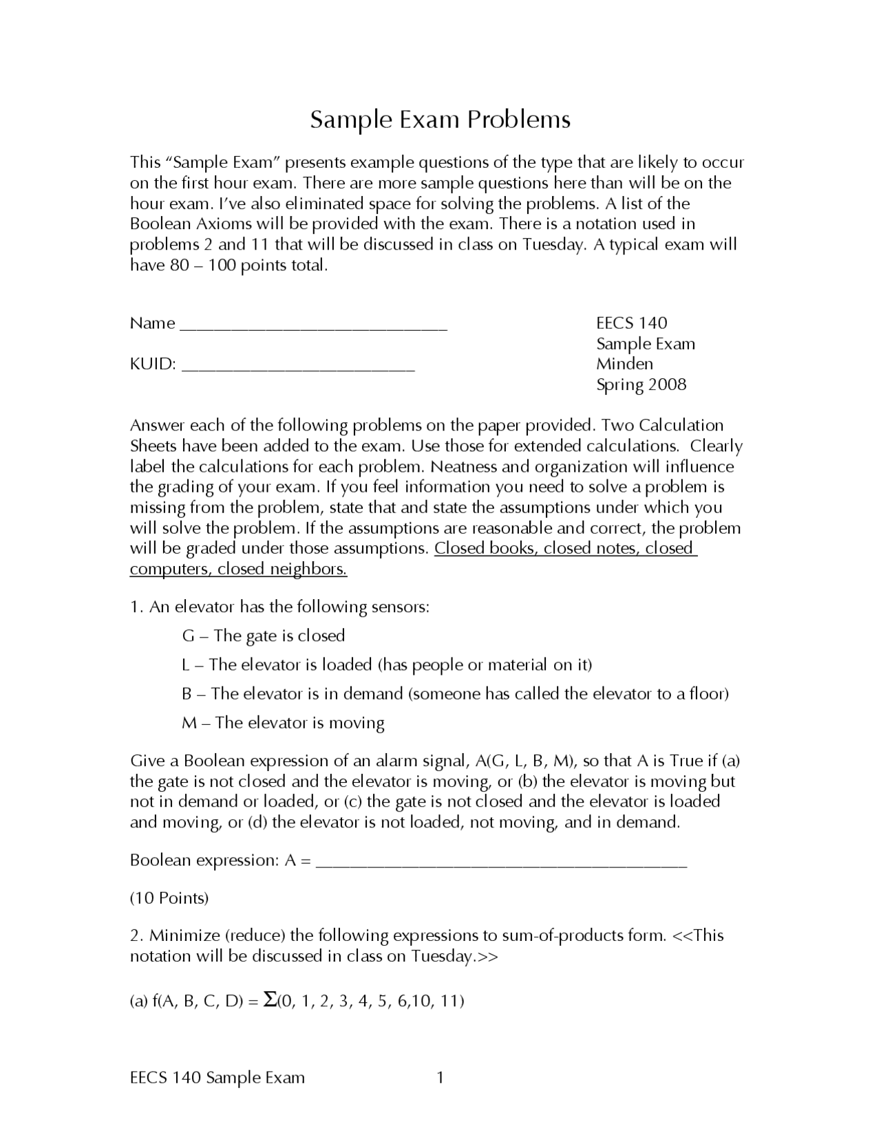 Example Questions For Digital Logic Design Exam Eecs 140 Exams