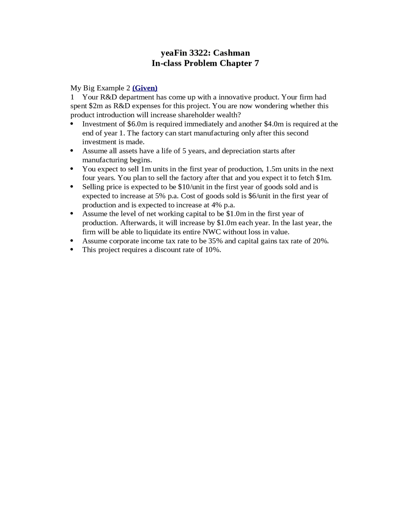 6 Problems In Corporation Finance I Fin 3322 Docsity