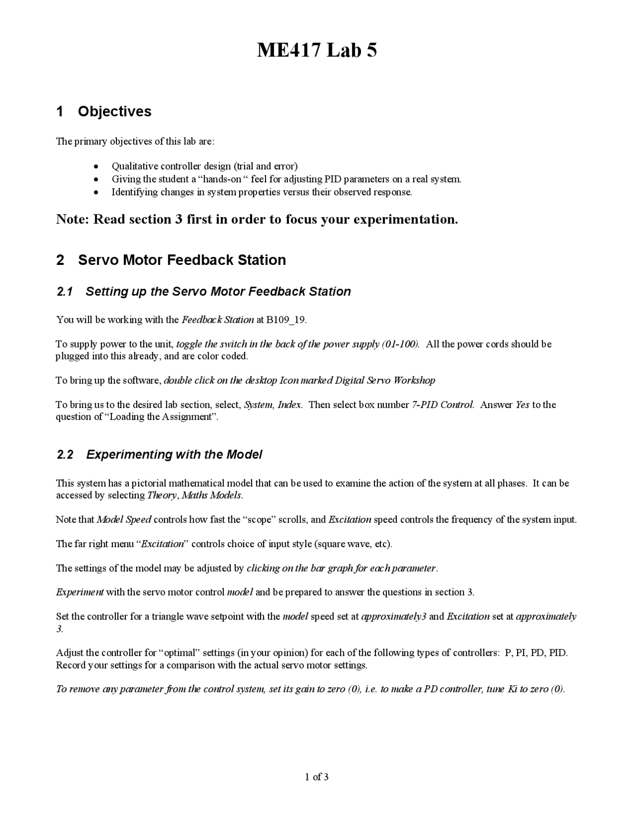 Qualitative Controller Design - Control Systems - Lab 5 | MECH 417 - Docsity