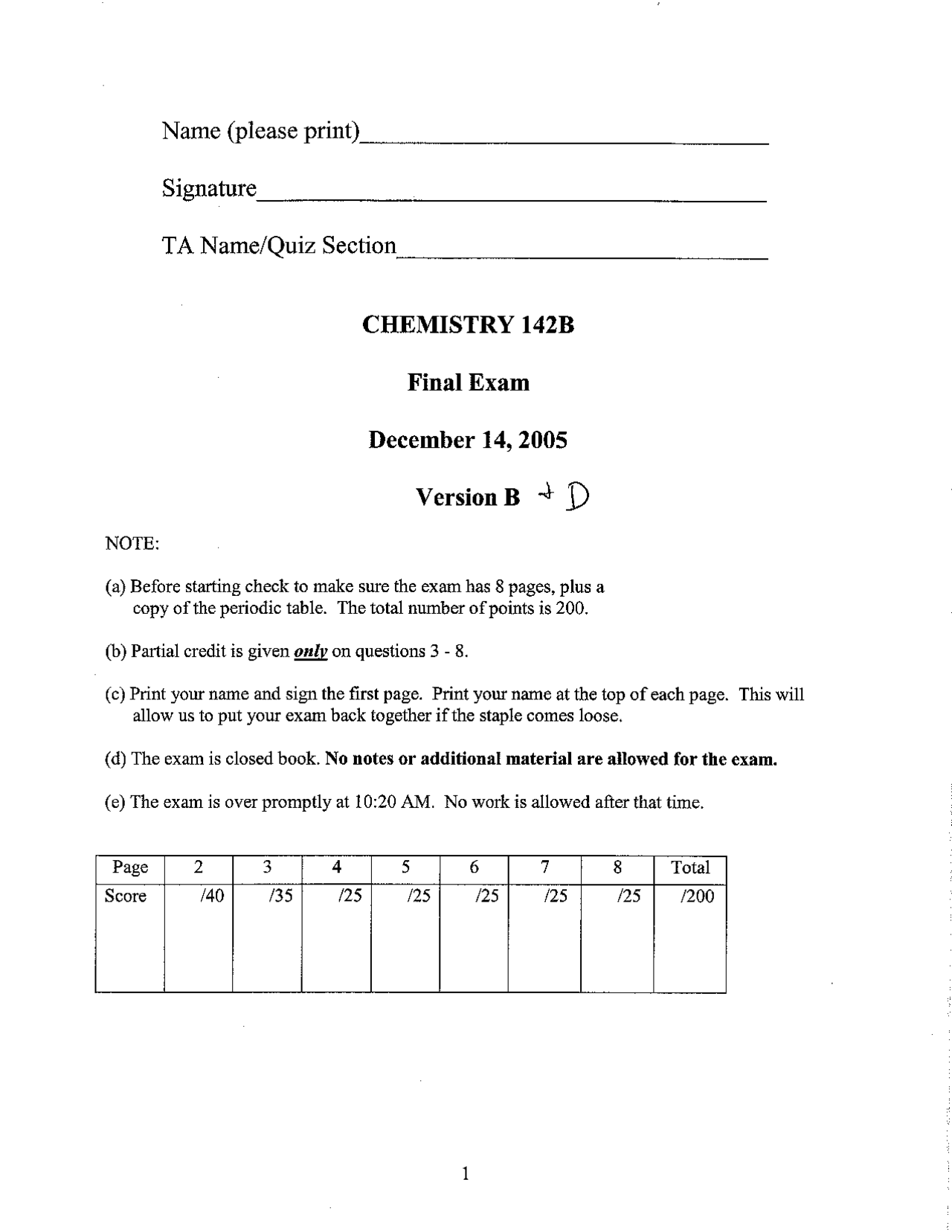 Final Exam - General Chemistry | CHEM 142 - Docsity