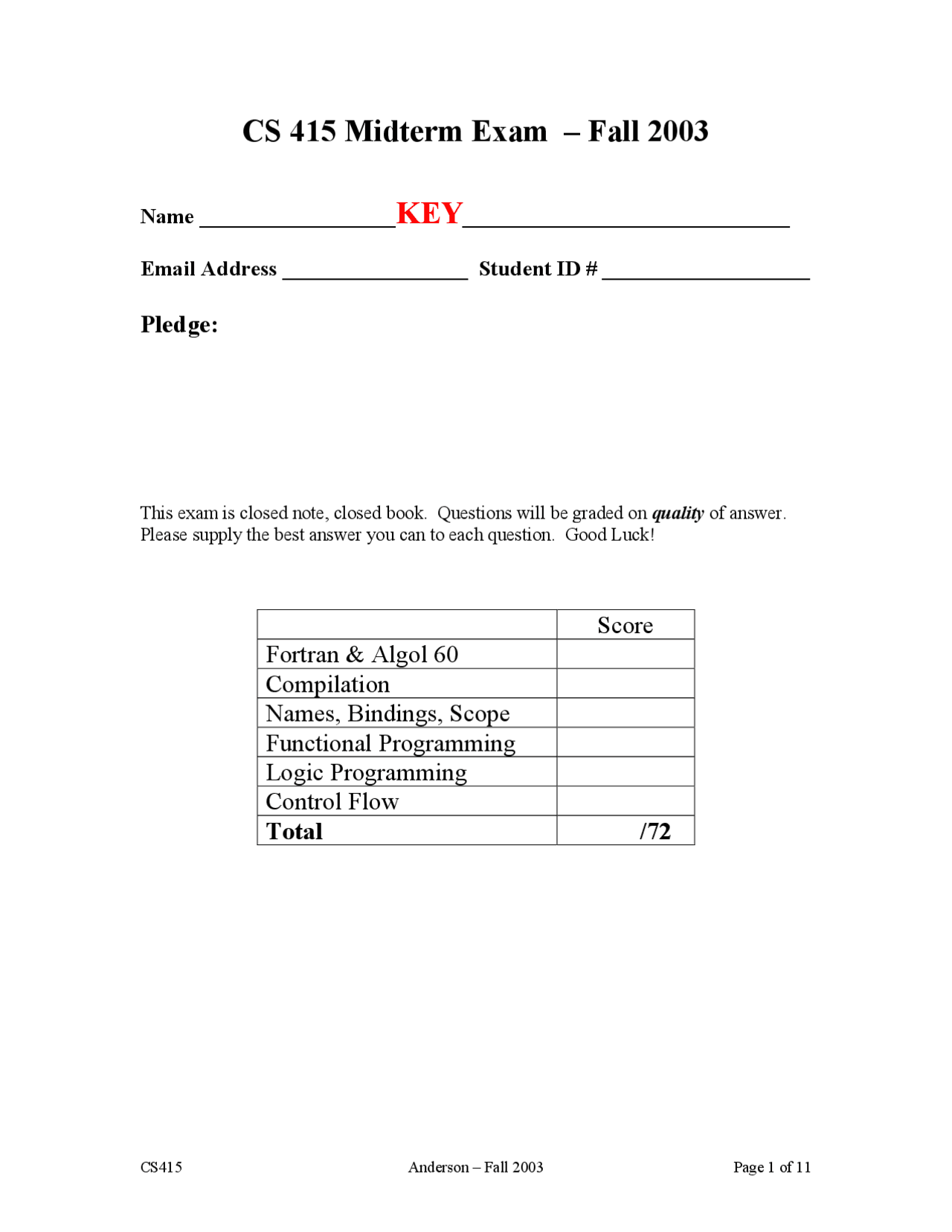 Midterm Exam With Key Programming Languages Cs 4610 Docsity