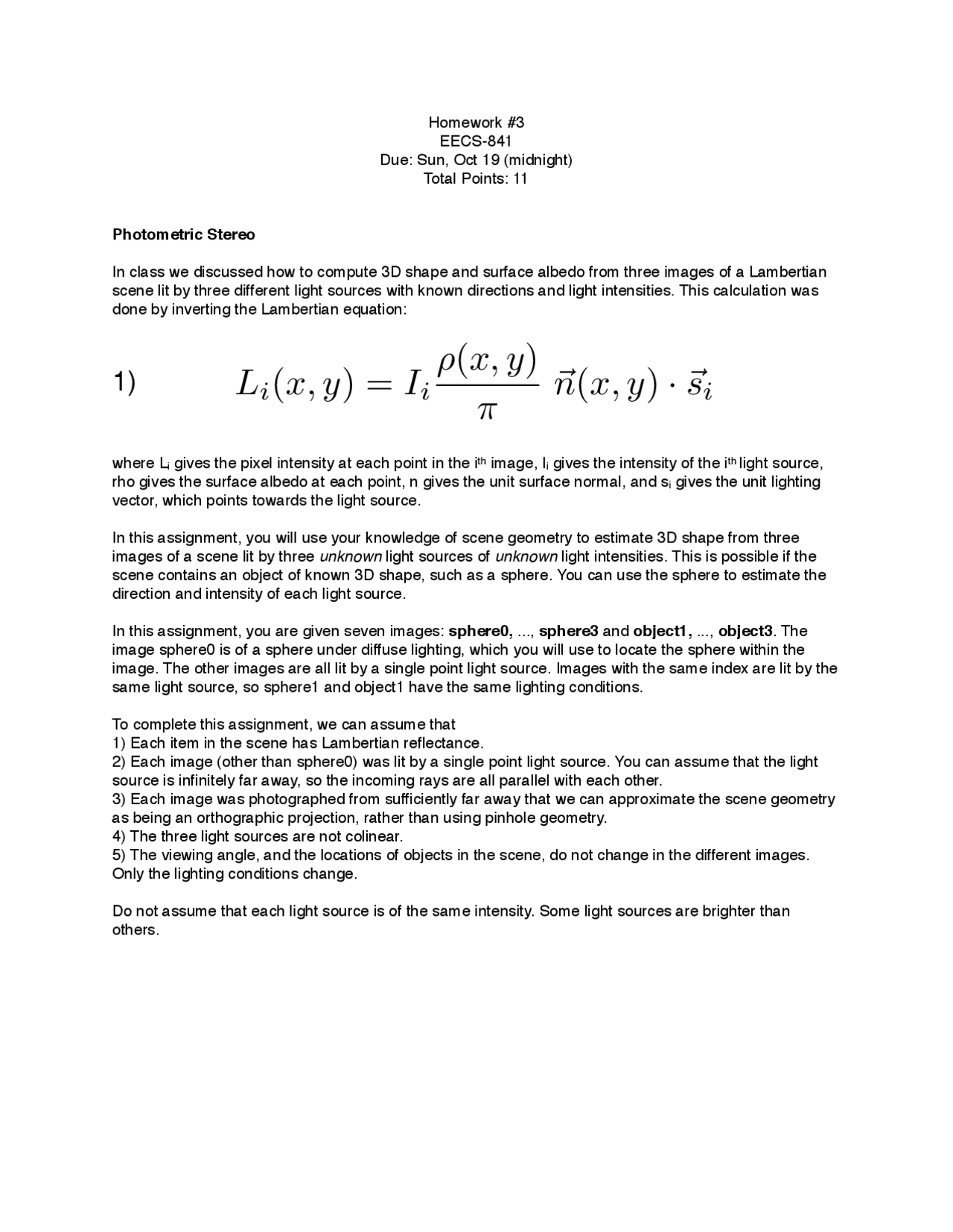 Photometric Stereo Homework 3 Computer Vision Eecs 841 Docsity