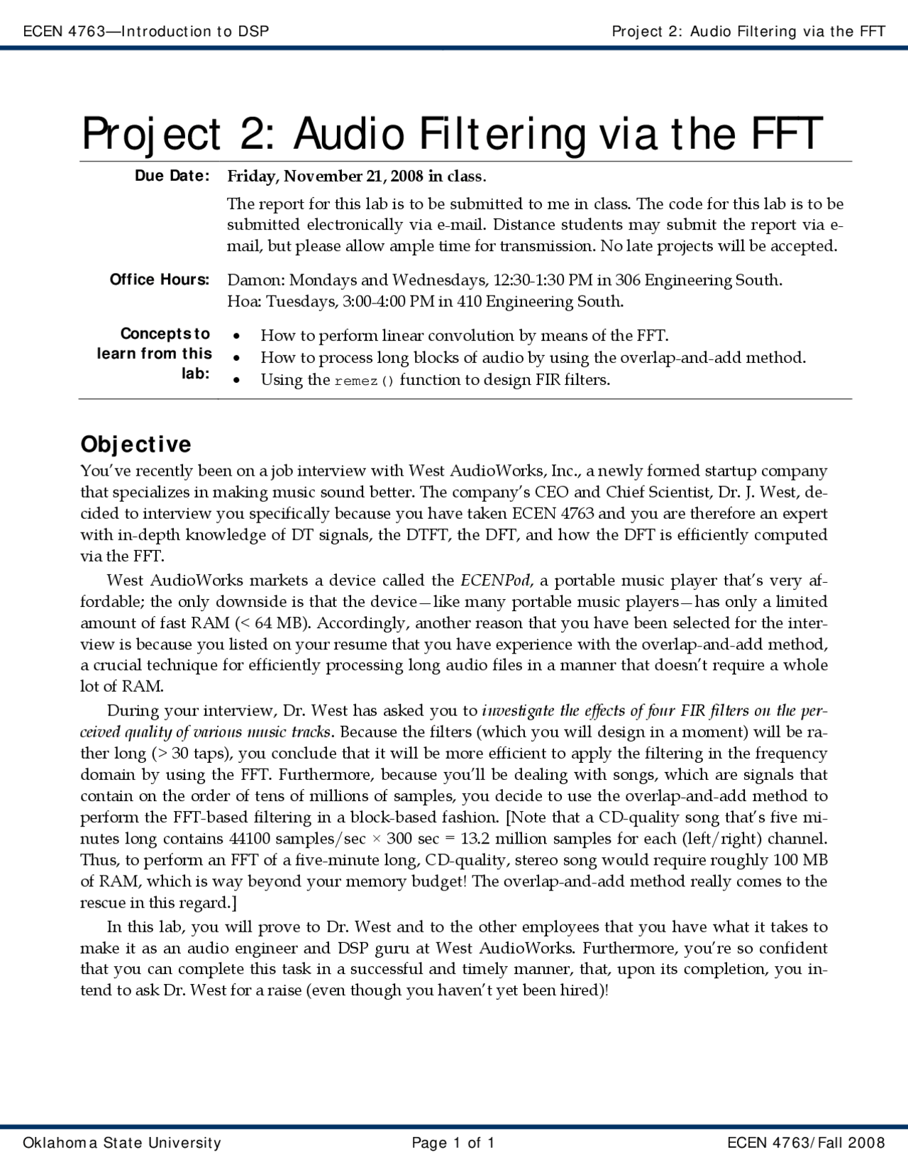 Introduction to DSP Project 2: Audio Filtering via the FFT | ECEN 4763 - Docsity