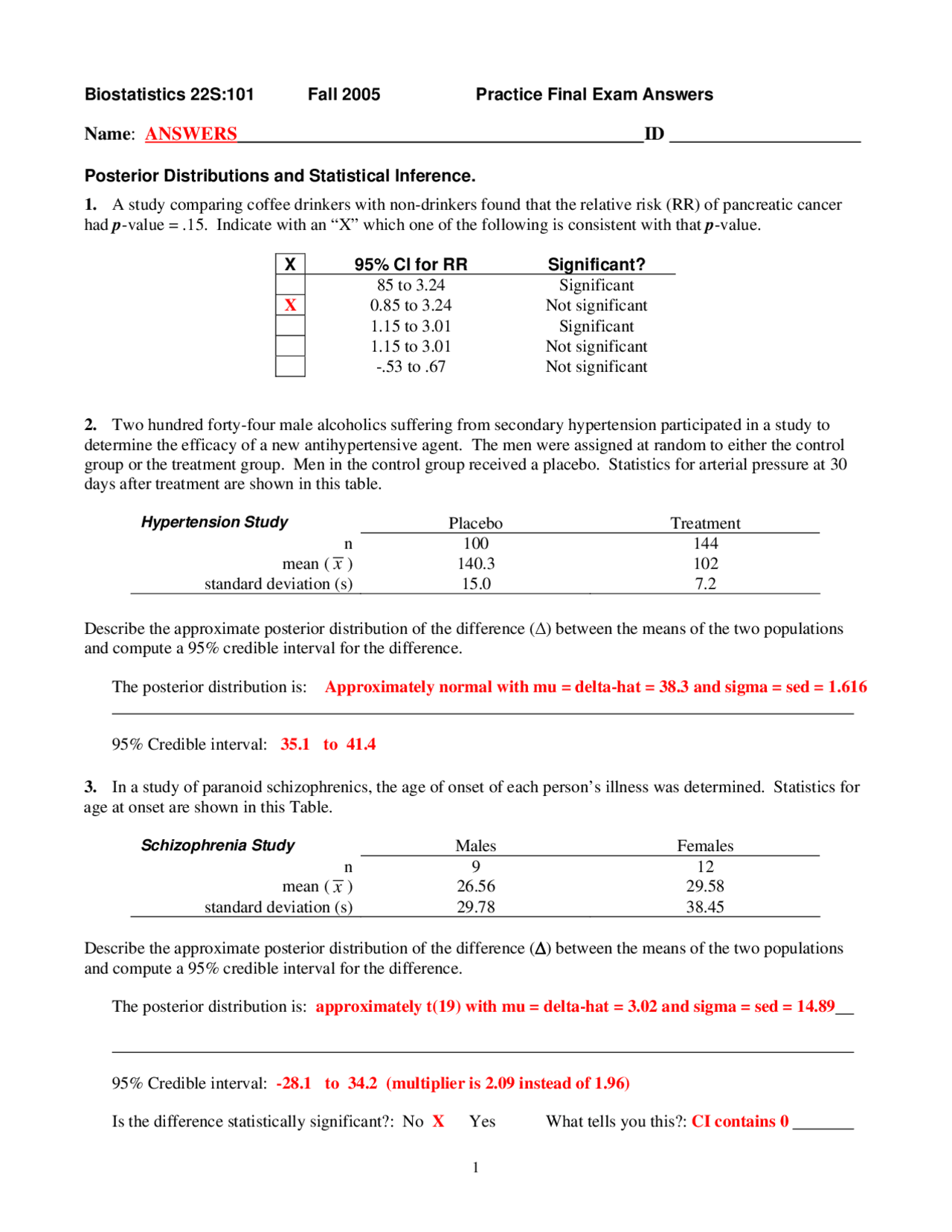 Practice Final Exam With Answers Biostatistics Fall 2005 22s 101