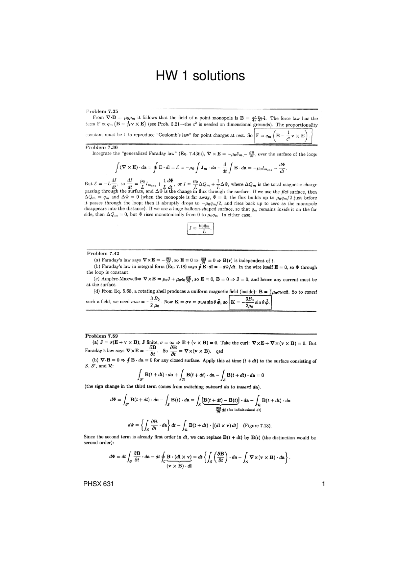 Solved Problems For Homework 1 Electromagnetic Theory Phsx 631