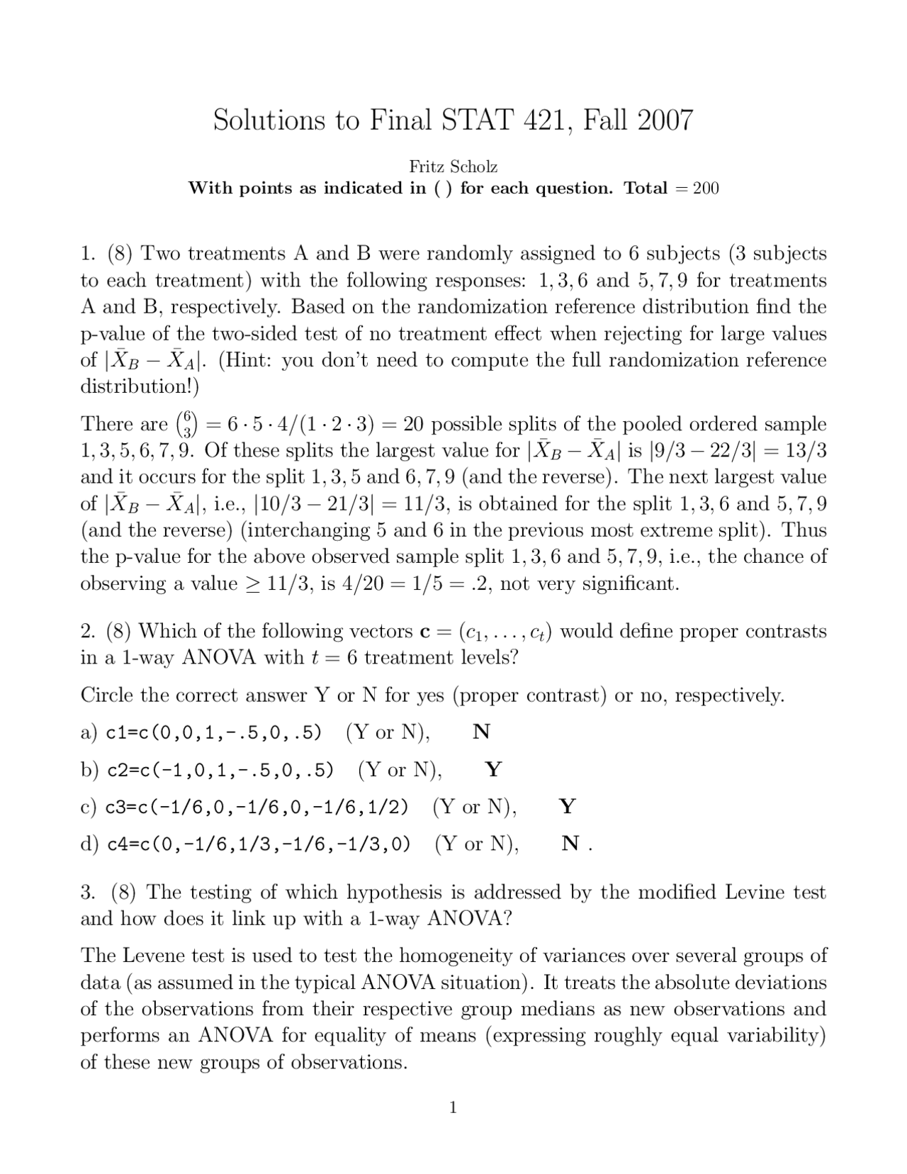 Solutions To Final Exam Questions Applied Statistics And Experimental