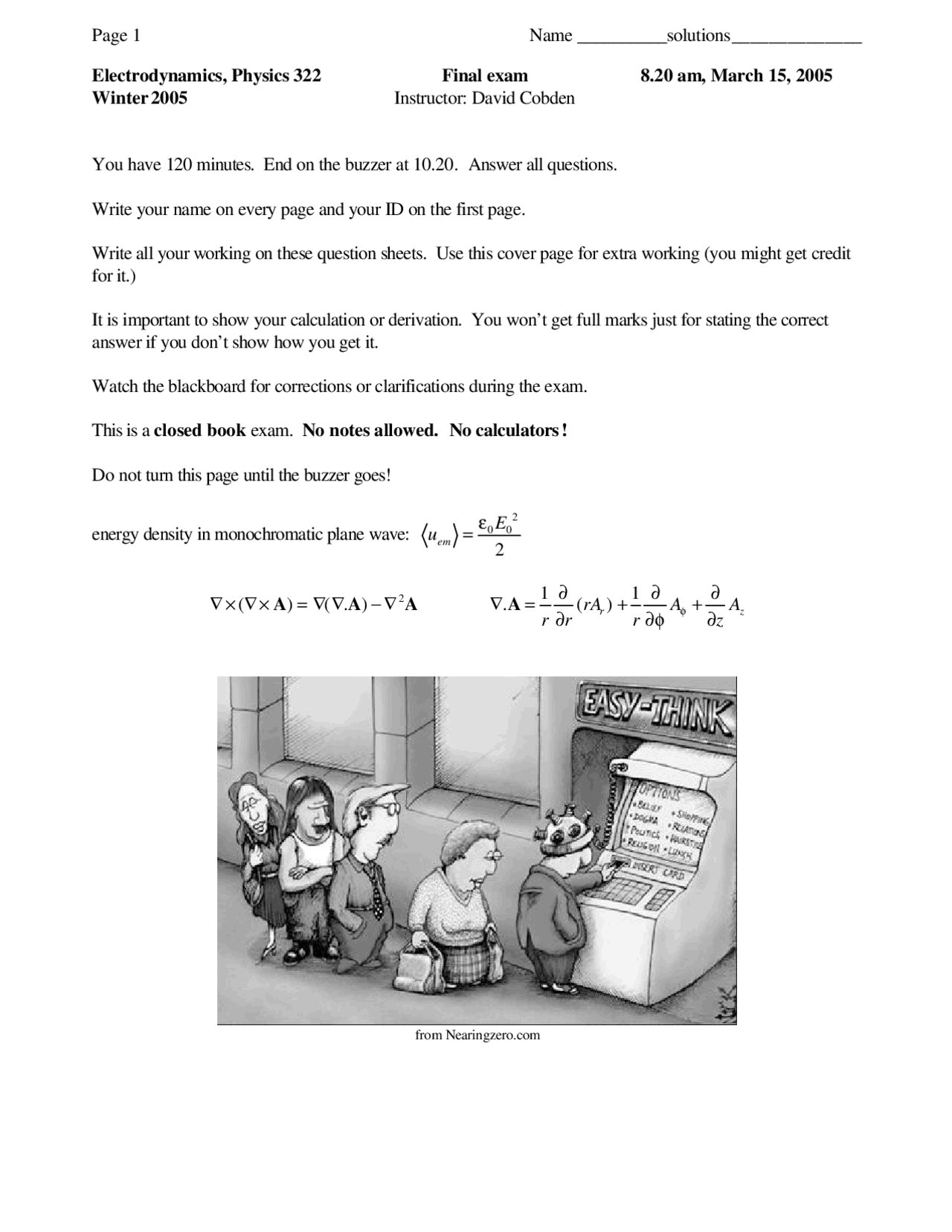 Final Examination On Electromagnetic Fields And Waves I Phys 322