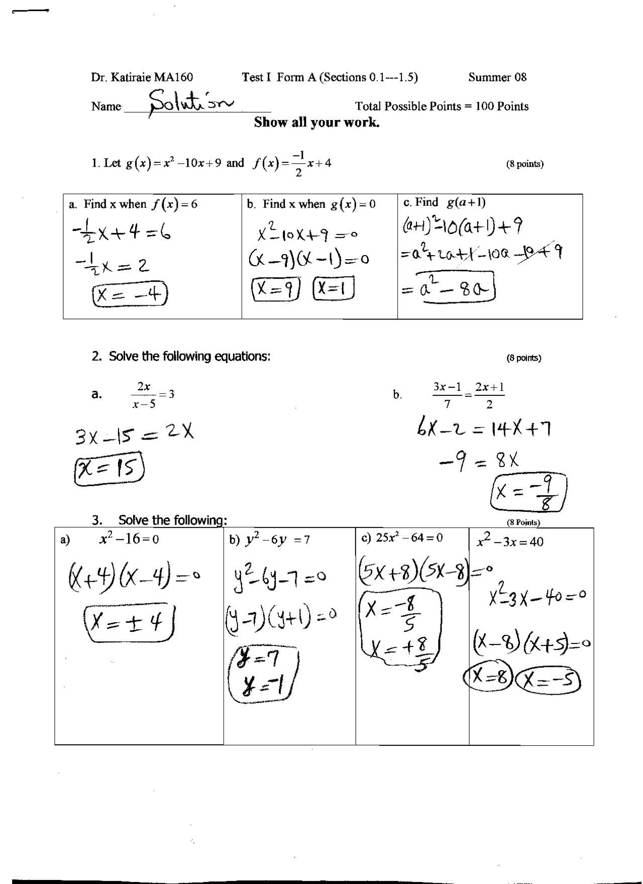 Elementary Applied Calculus I Test 1a With Answers Ma 160 Docsity