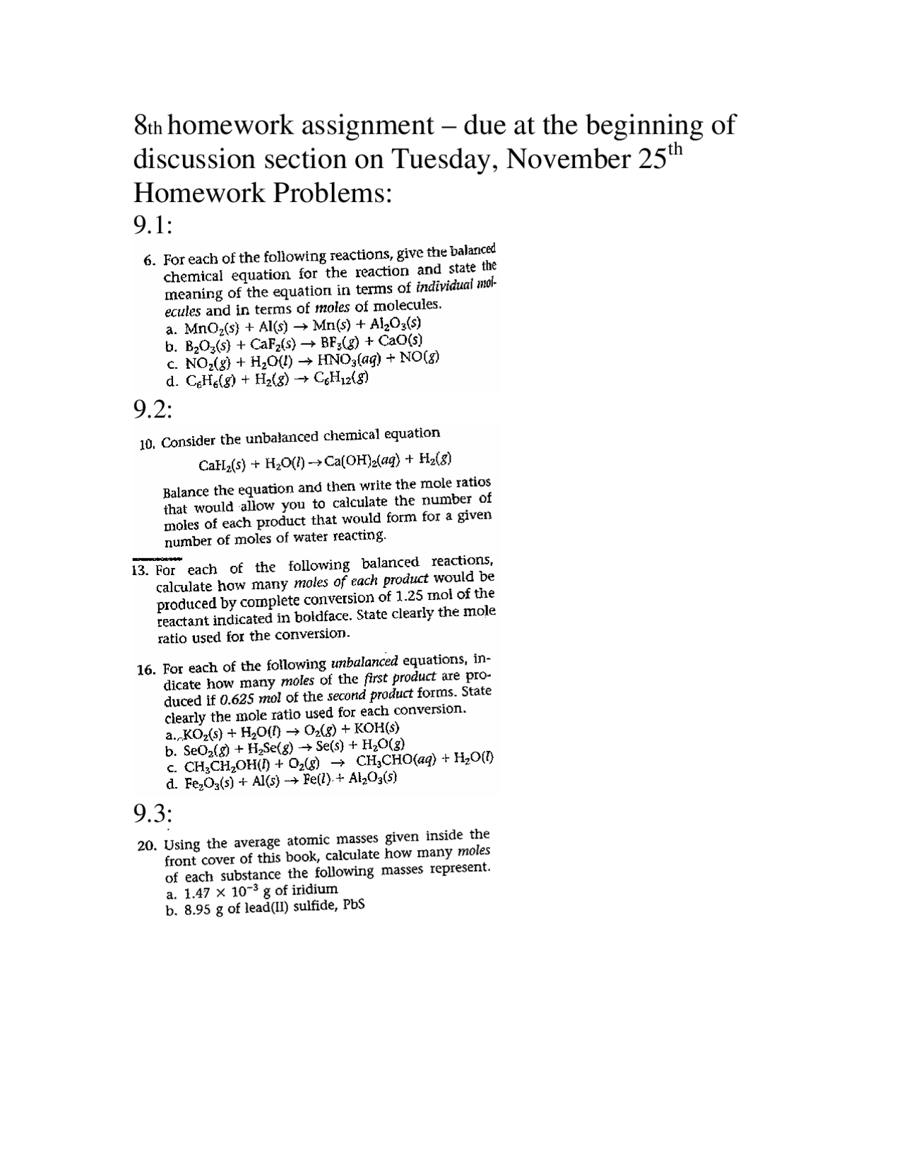 Homework Assignment 8 General Chemistry Chem 110 Assignments