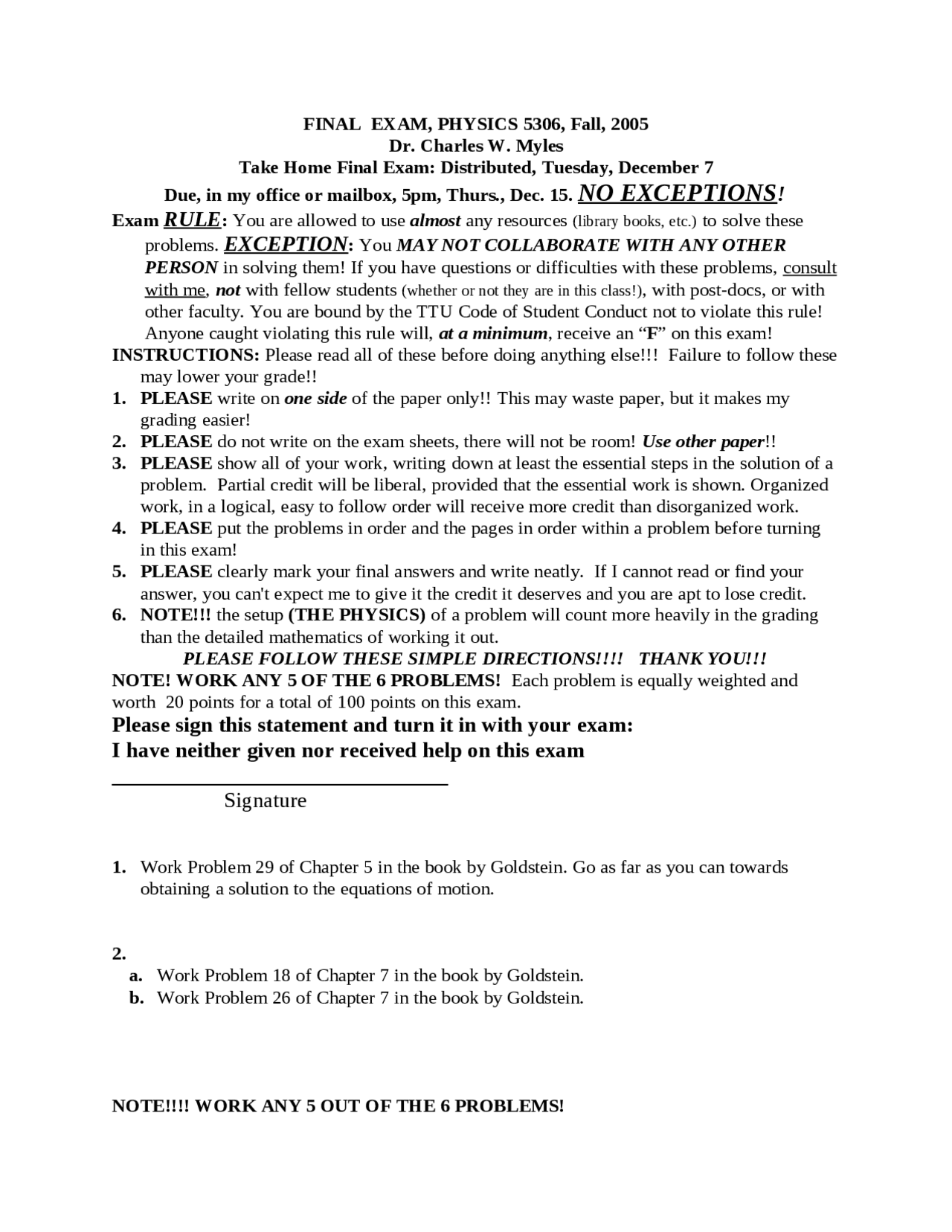 Final Exam Problems Classical Dynamics Phys 5306 Docsity
