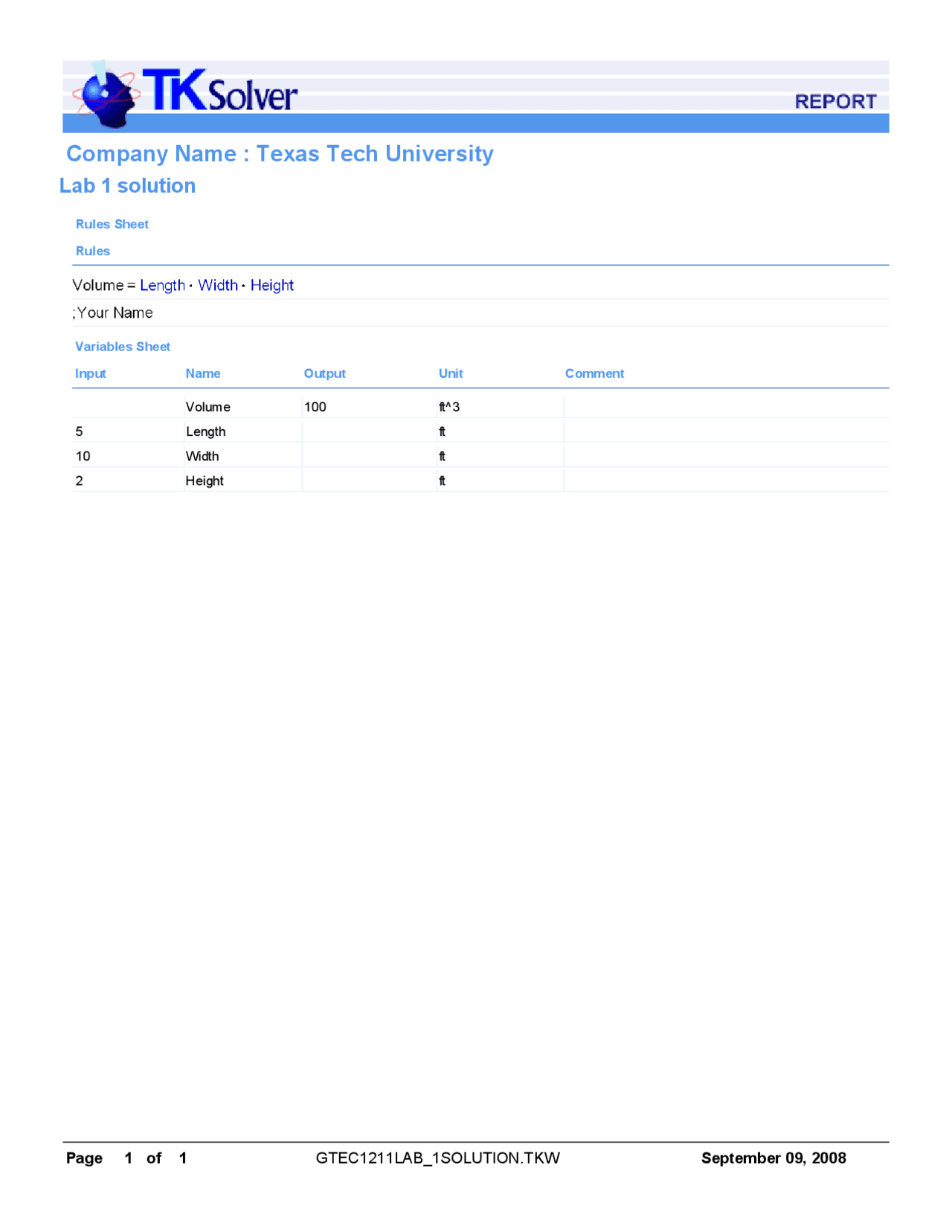 Rules Sheet and Variables Sheet | Computer Programming | GTEC 1211 | Lab Reports Engineering ...