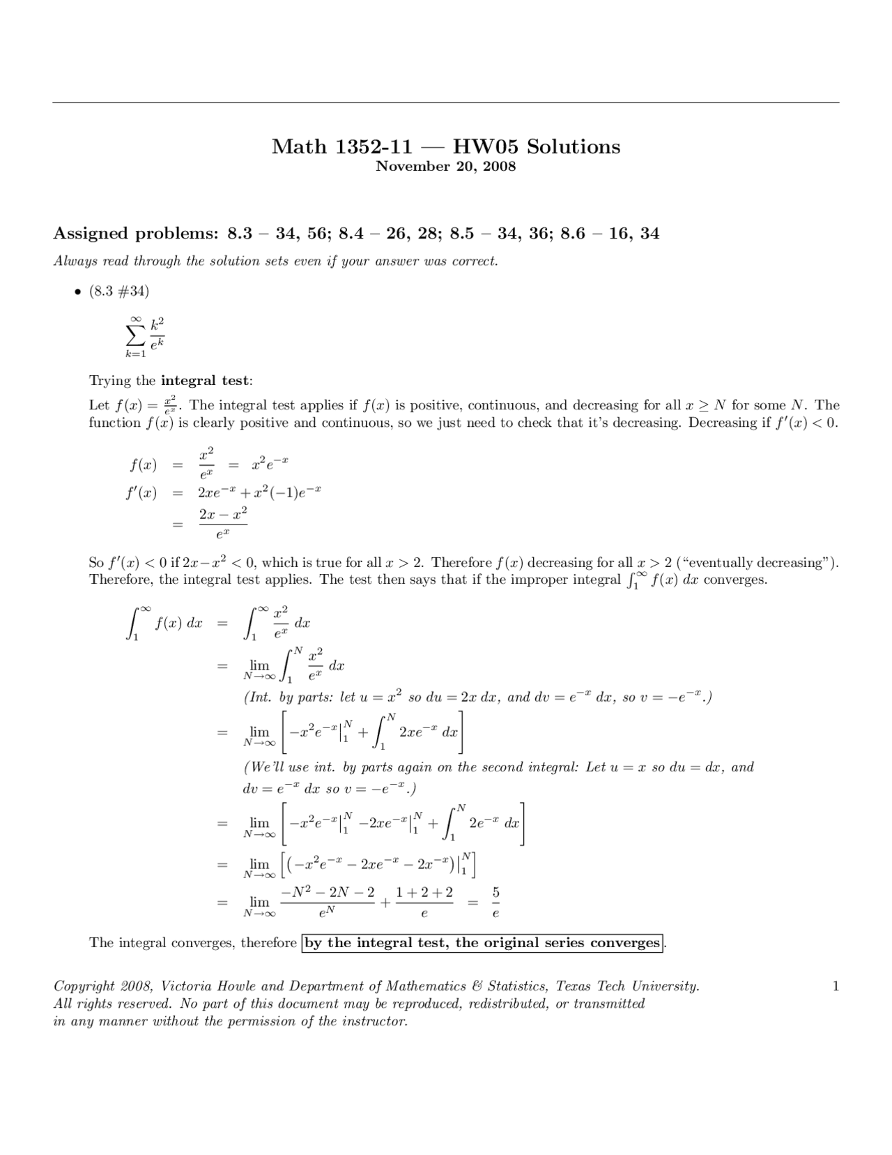 Homework 5 Problems With Solutions Calculus Ii Honors Math 1352
