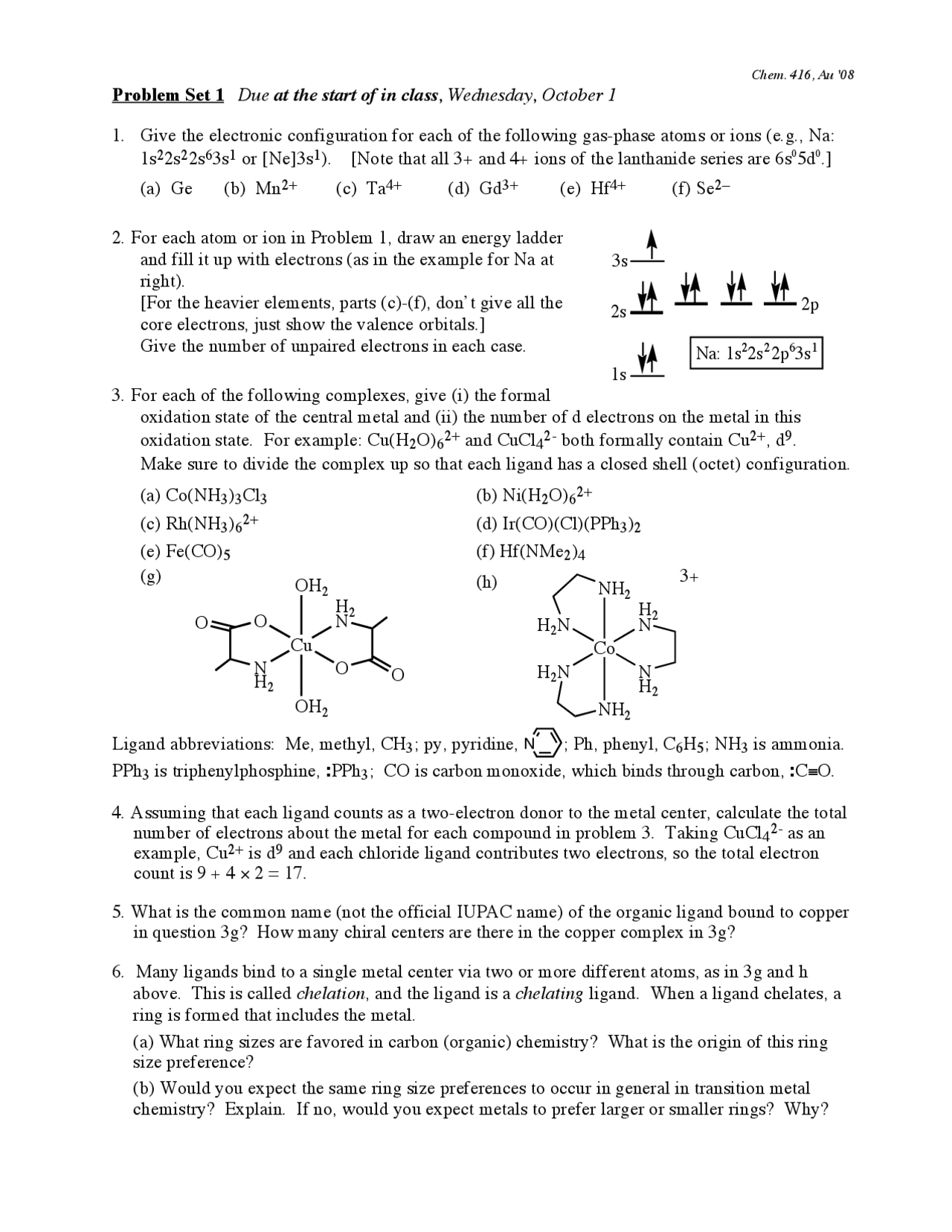 Practice Questions For Problem Set 1 Transition Metals Chem 416