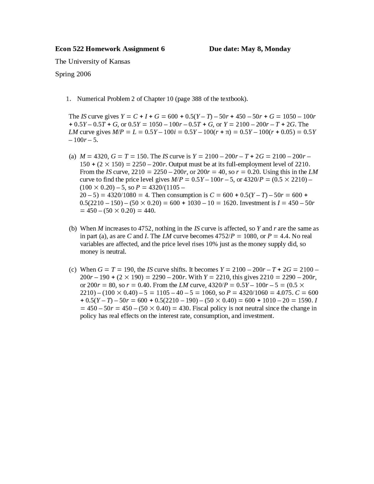 Econ 522 Homework Assignment 6: Analyzing the IS and LM Curves - Prof. Shu Wu | Assignments ...