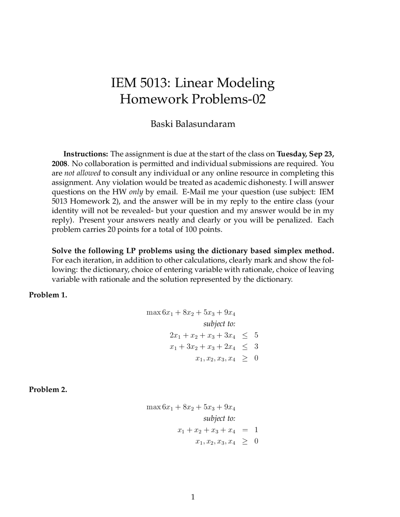 Linear Modeling Homework Problems 2 Iem 5013 Docsity
