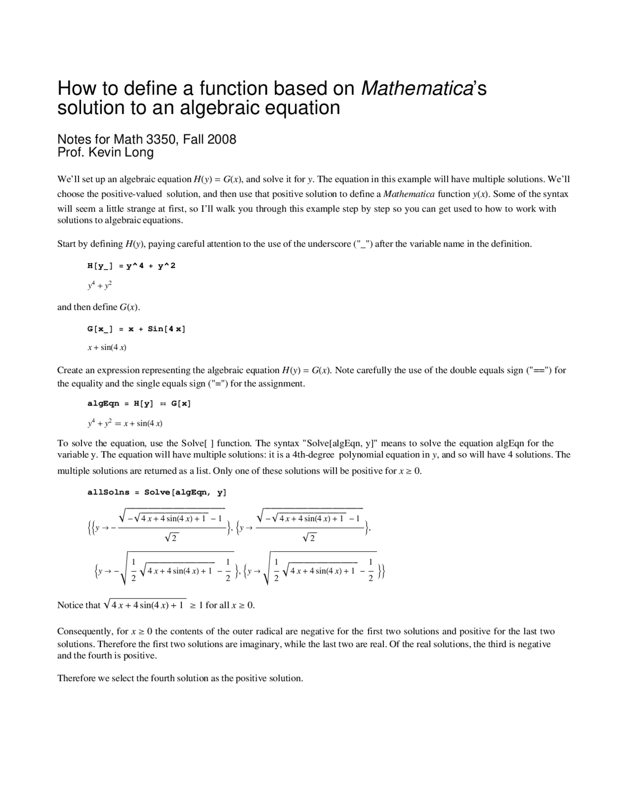 Math 3350: Step-by-Step Guide to Define Function with Mathematica's Algebraic Solution - P ...