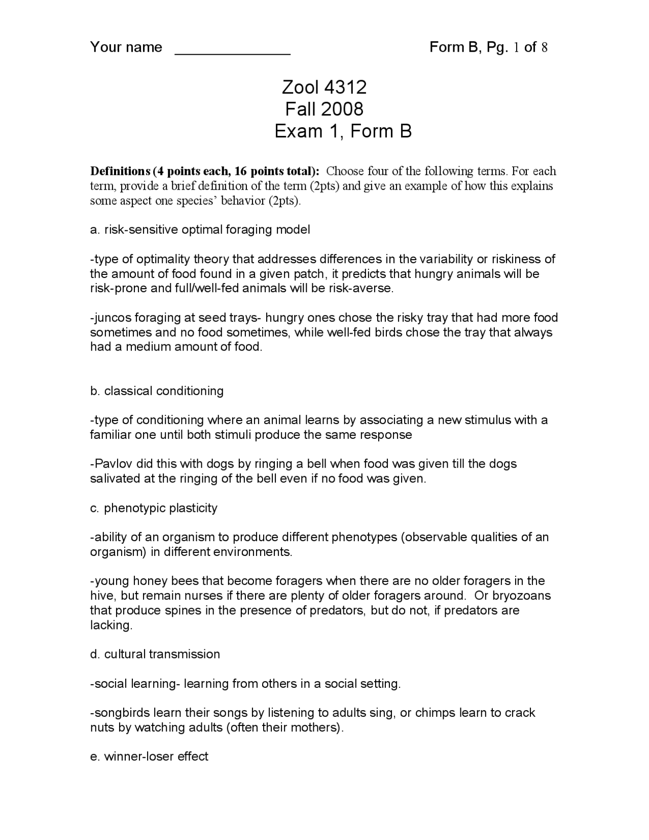 Exam 1 Form B - Animal Behavior | ZOOL 4312 - Docsity