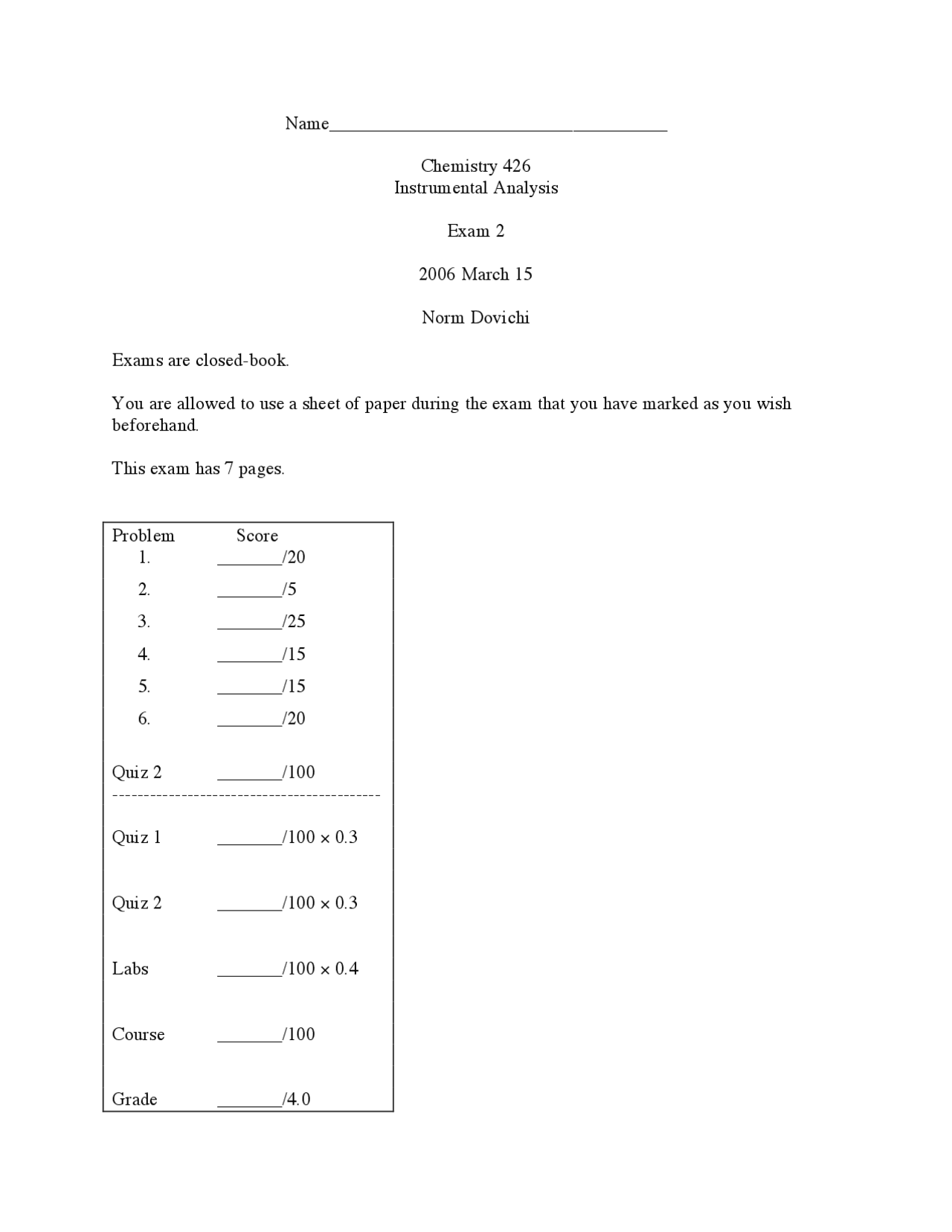 Old Exam Questions For Instrumental Analysis Chem 426 Docsity