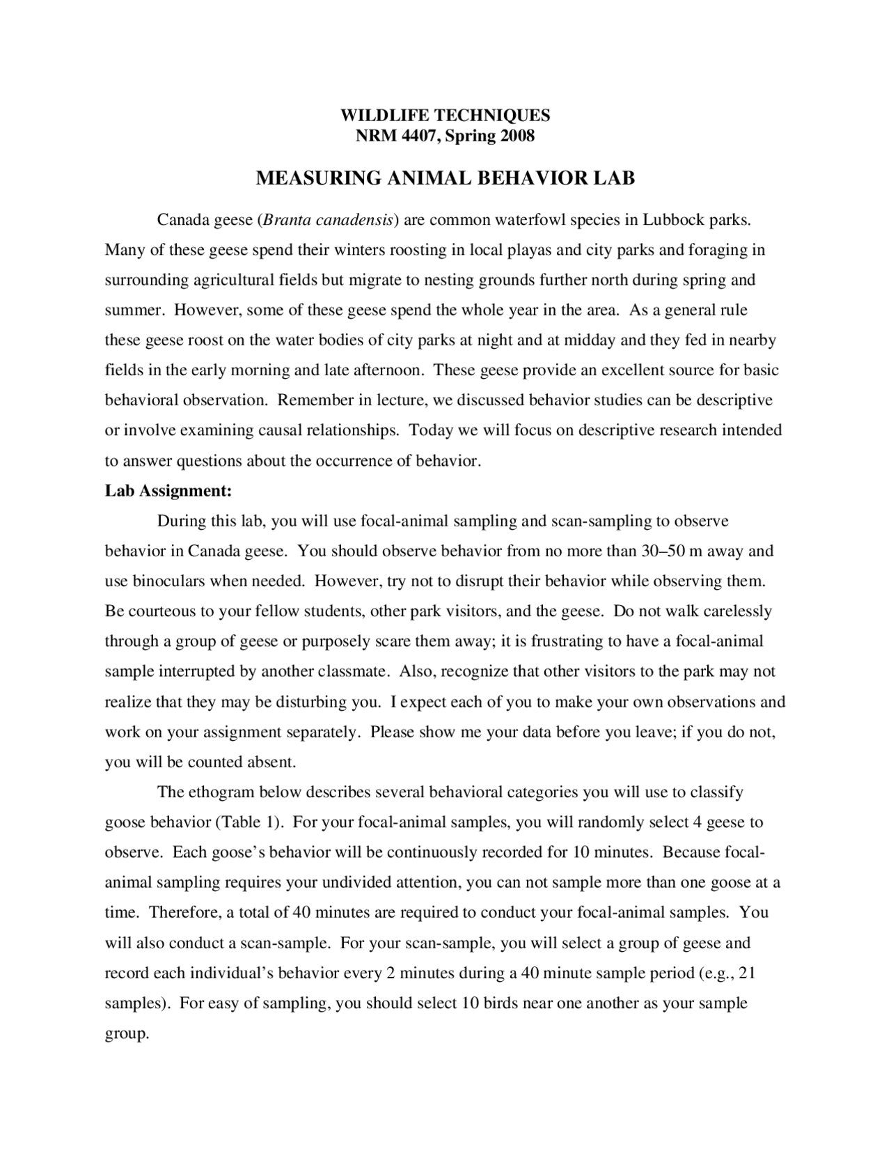 Wildlife Techniques - Measuring Animal Behavior Lab | NRM 4407 - Docsity