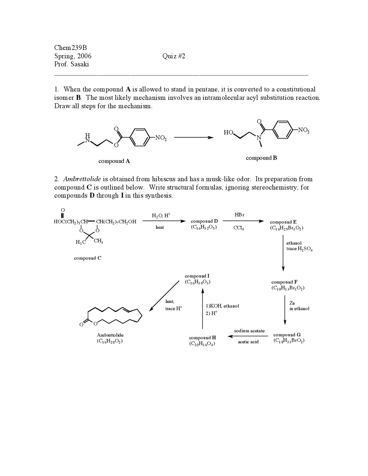 2 Problems On Organic Chemistry Spring 2006 Chem 239 Docsity