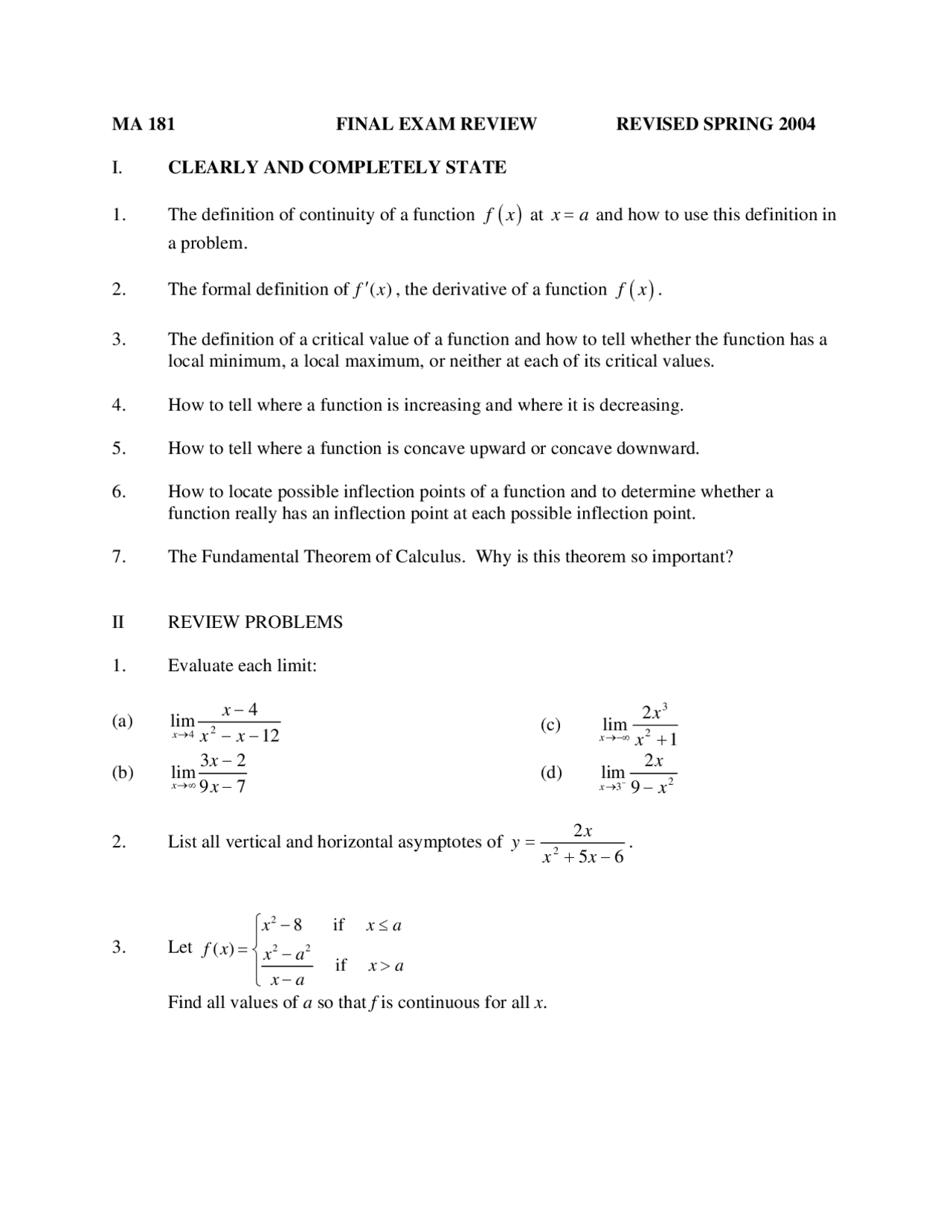 MA 181 Final Exam Review - Spring 2004 | Study notes Calculus | Docsity