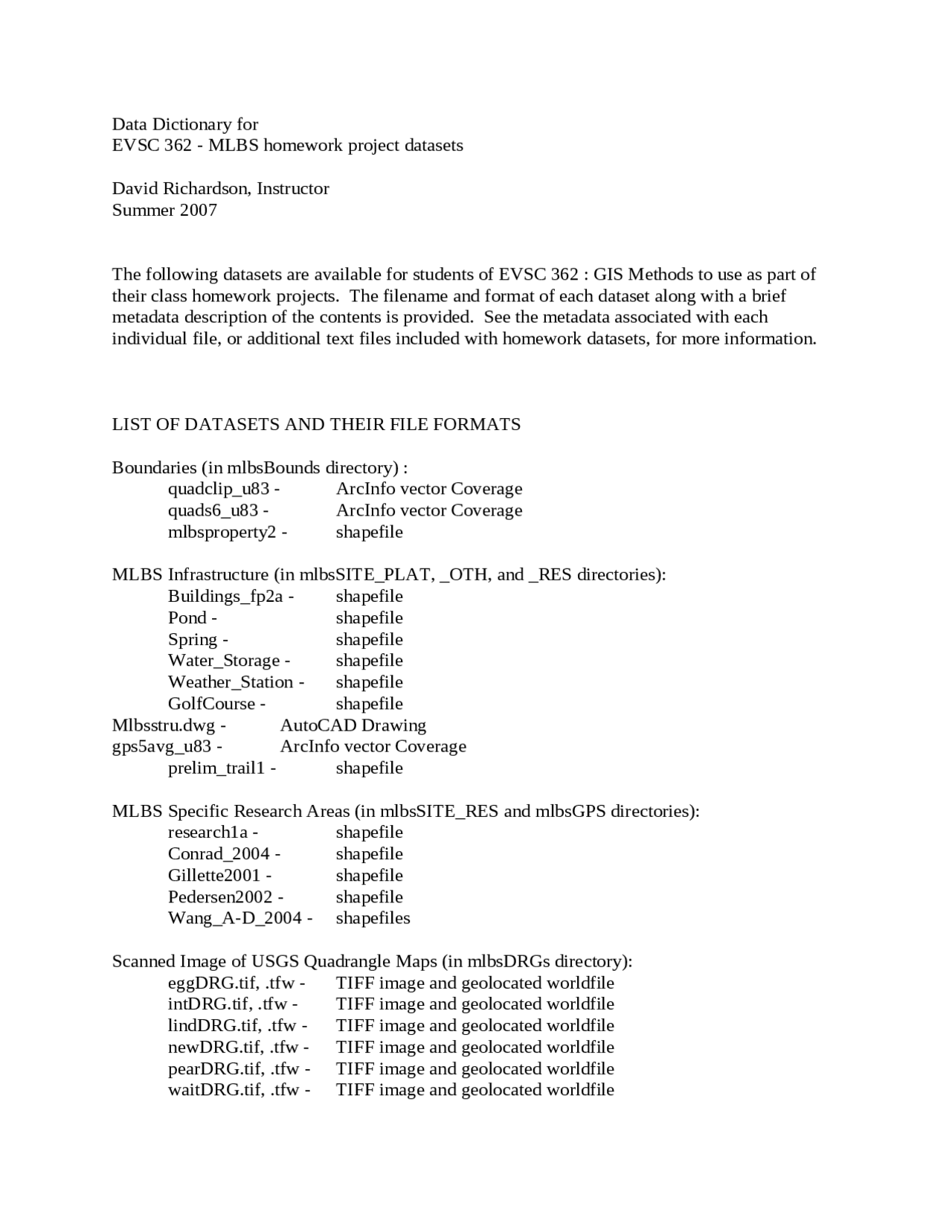 List Of Datasets And Their File Formats Lecture Notes Evsc 3020